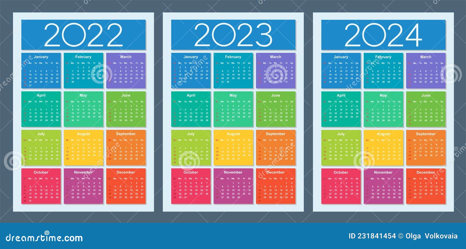 Colorful Calendar for 2022, 2023 and 2024 Years. Week Starts on Sunday ...