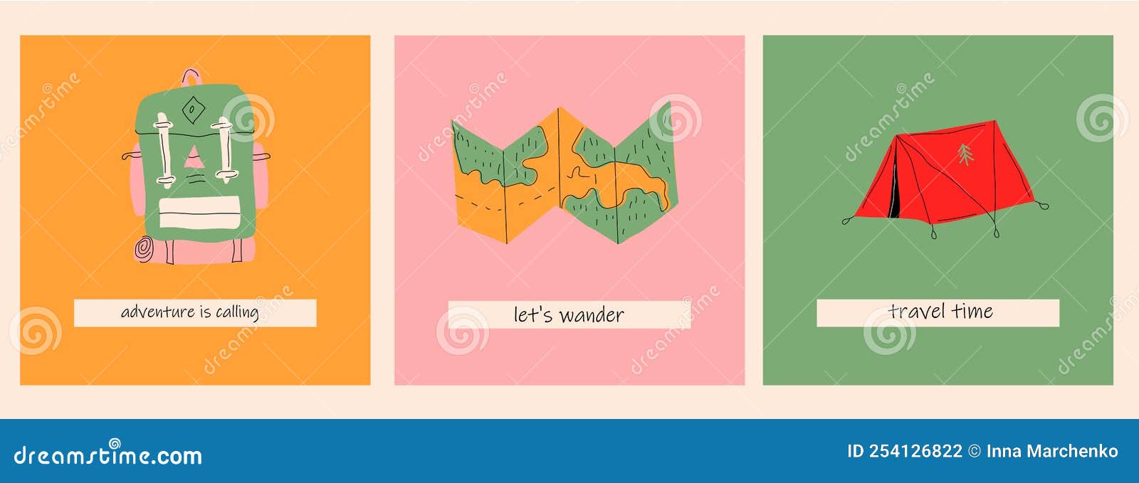 Colorful Camping Set of Three Hand Drawn Stock Vector - Illustration of ...