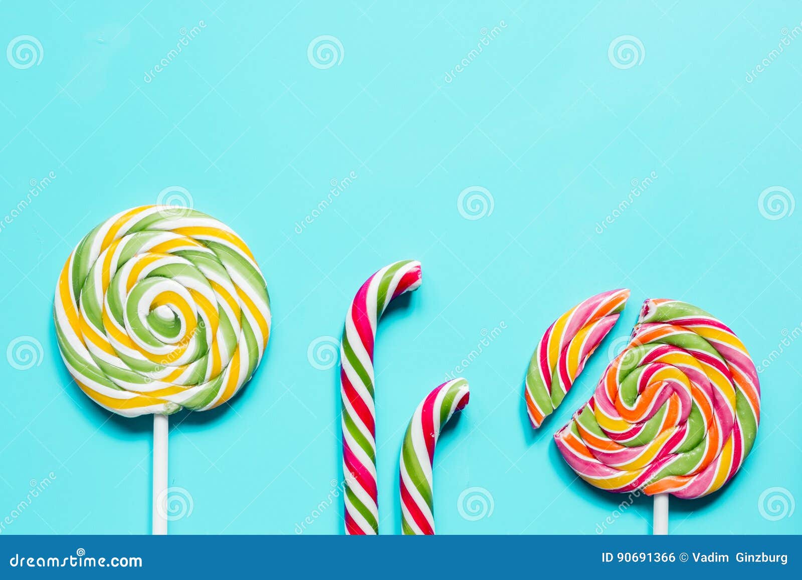 Colorful Candies on Blue Texture Background Top View Mock Up Stock ...