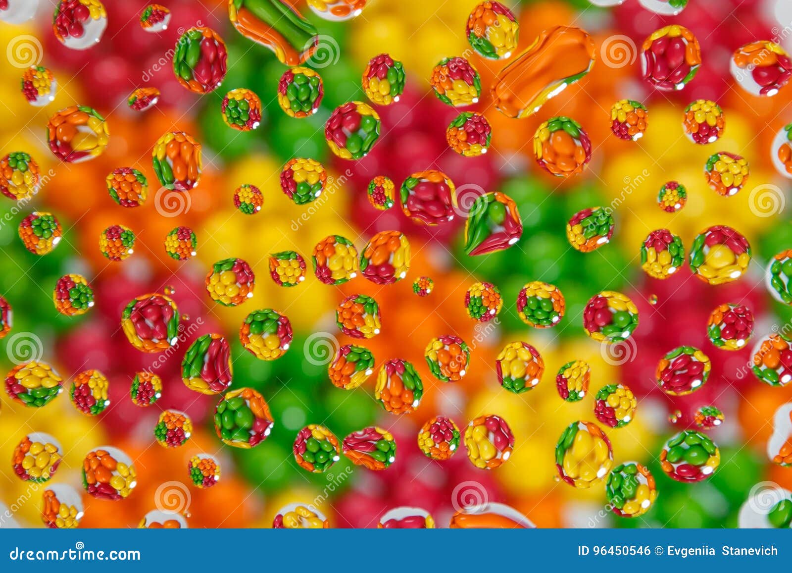 Colorful Candies in Drops of Water Stock Photo - Image of droplet ...