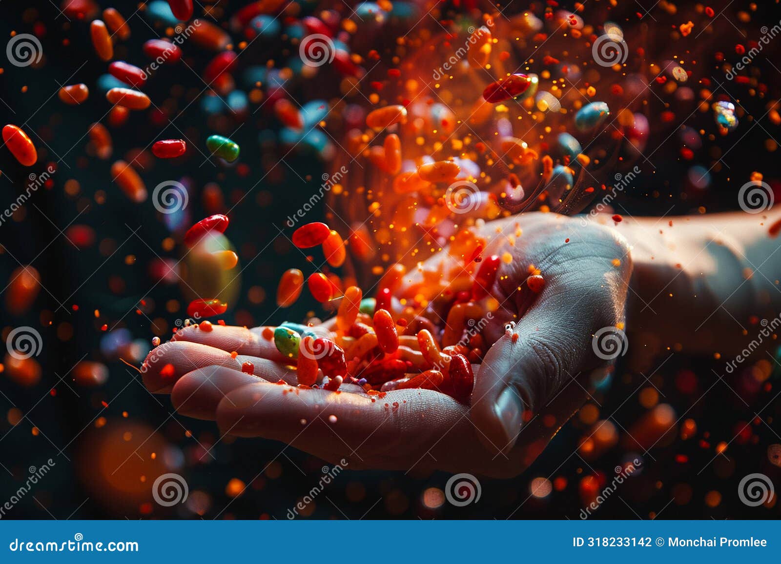 Colorful Candies Exploding from a Hand, Creating a Dynamic and Joyful ...