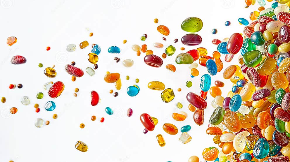 Colorful Candies Exploding from Right Side of Frame on White Background ...