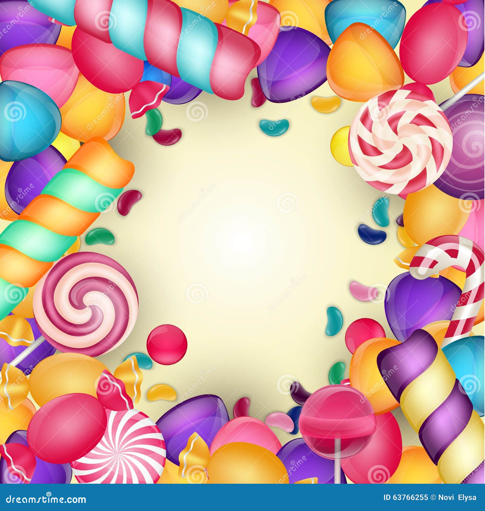 Colorful Candy Background With Realistic Blue Ribbon Cartoon Vector ...
