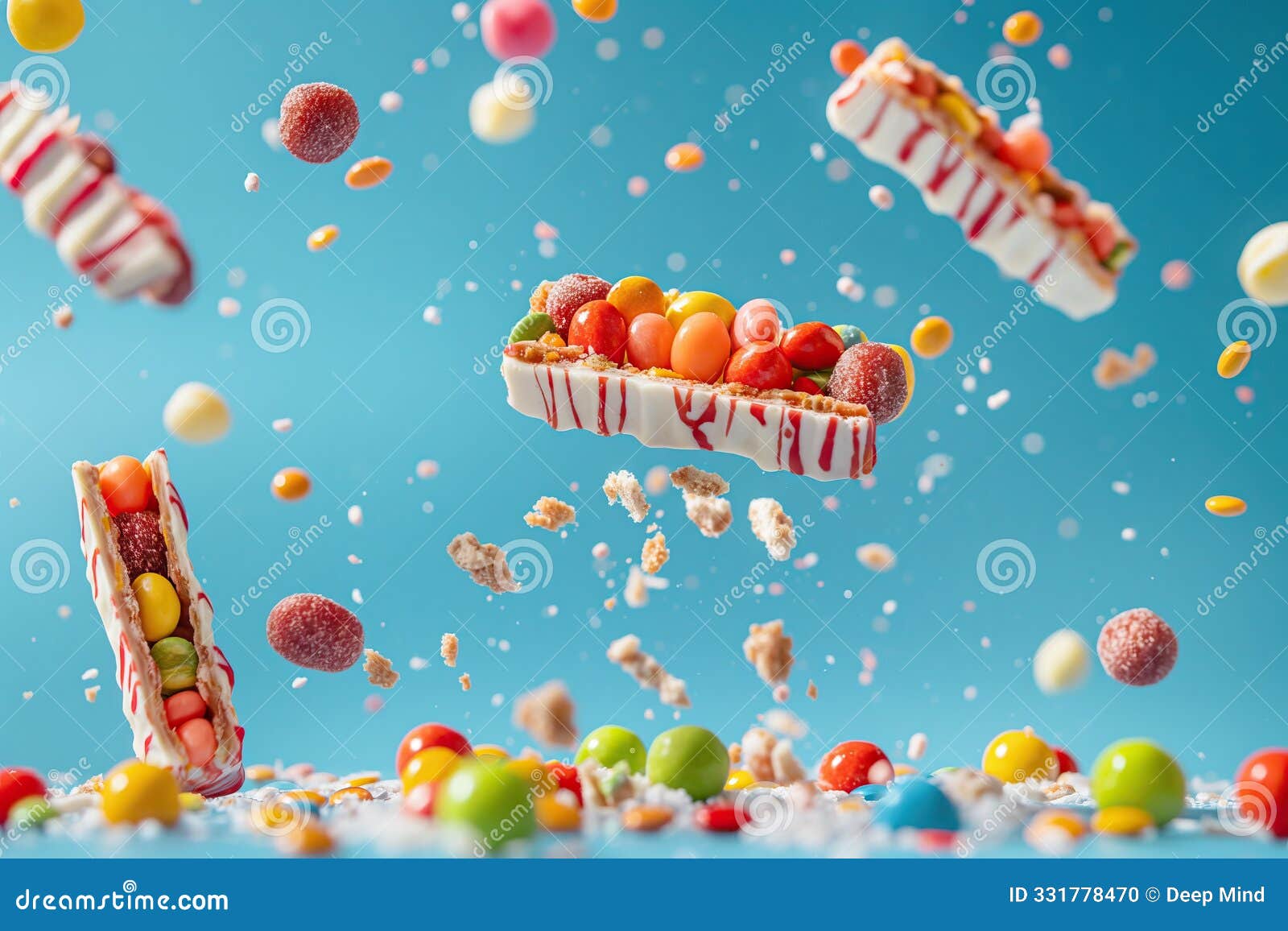 Colorful Candy Bars Exploding in Midair on Blue Background Stock ...