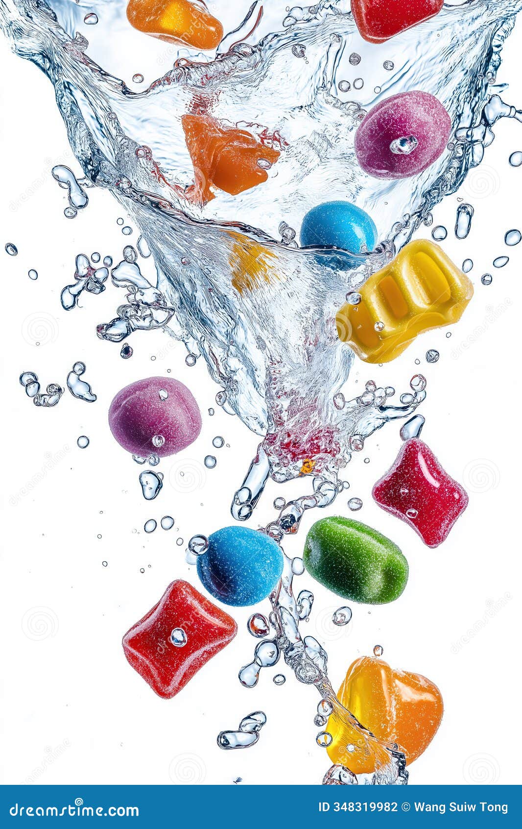 Colorful Candy Splashing in Water with Bubbles on White Background ...