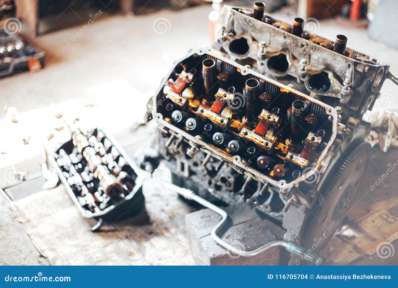 Auto engine in garage stock photo. Image of bearing - 116705704