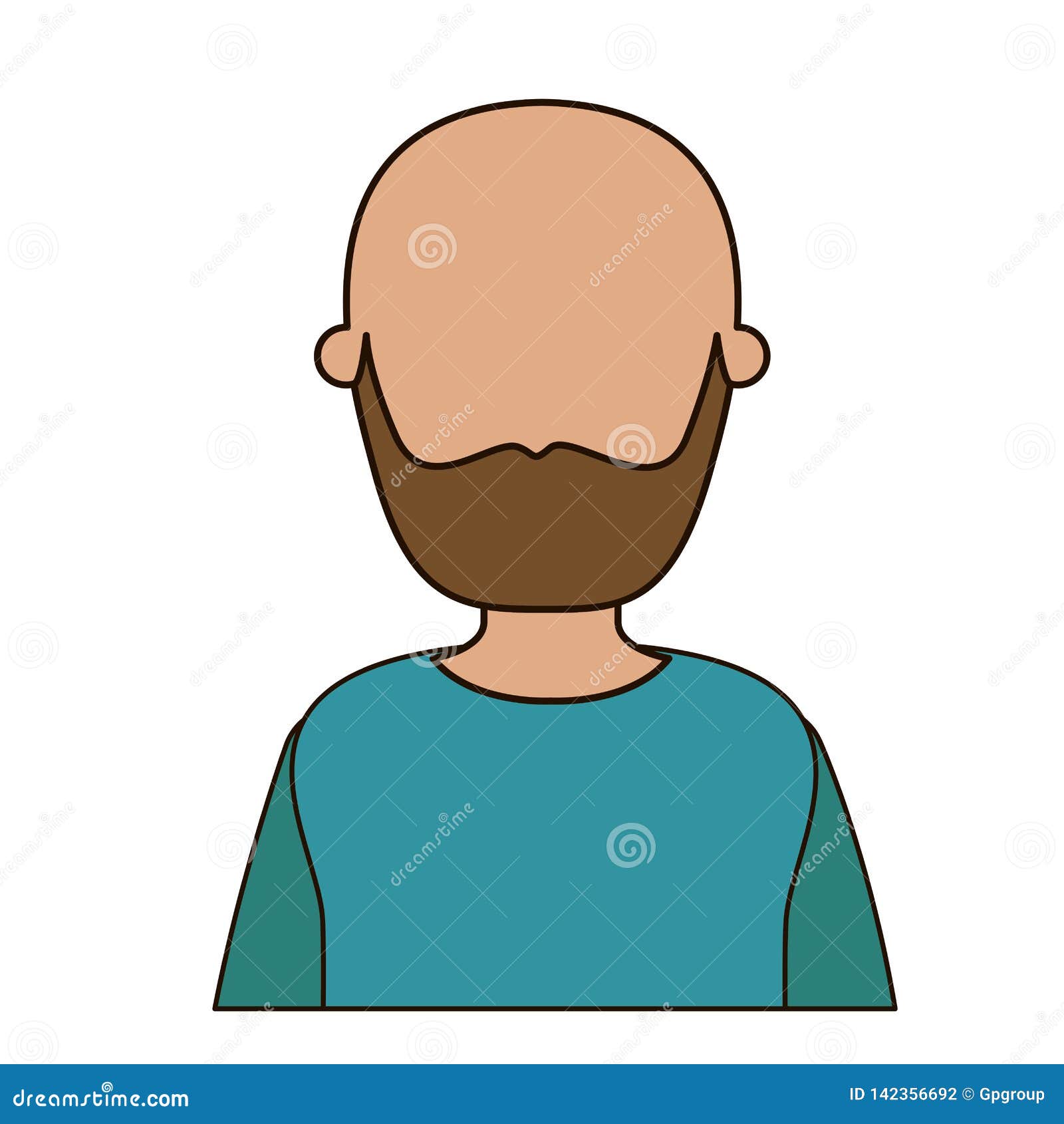 Colorful Caricature Faceless Front View Half Body Bald Man Bearded In T
