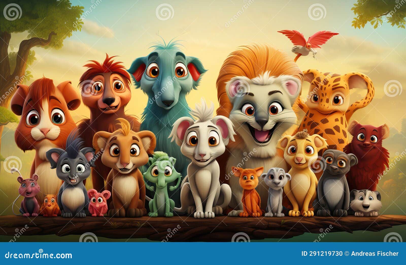 Colorful Cartoon Animals on a Blurred Background. Stock Photo - Image ...