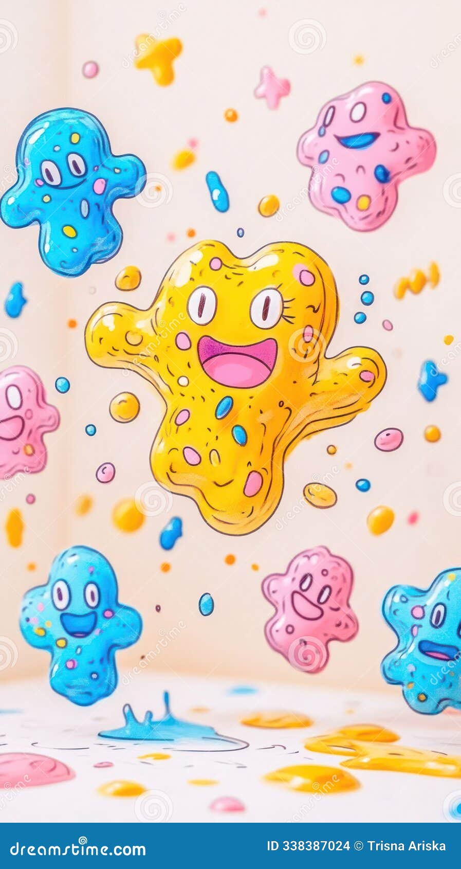 Colorful Cartoon Blobs with Expressive Faces Floating in a Playful ...