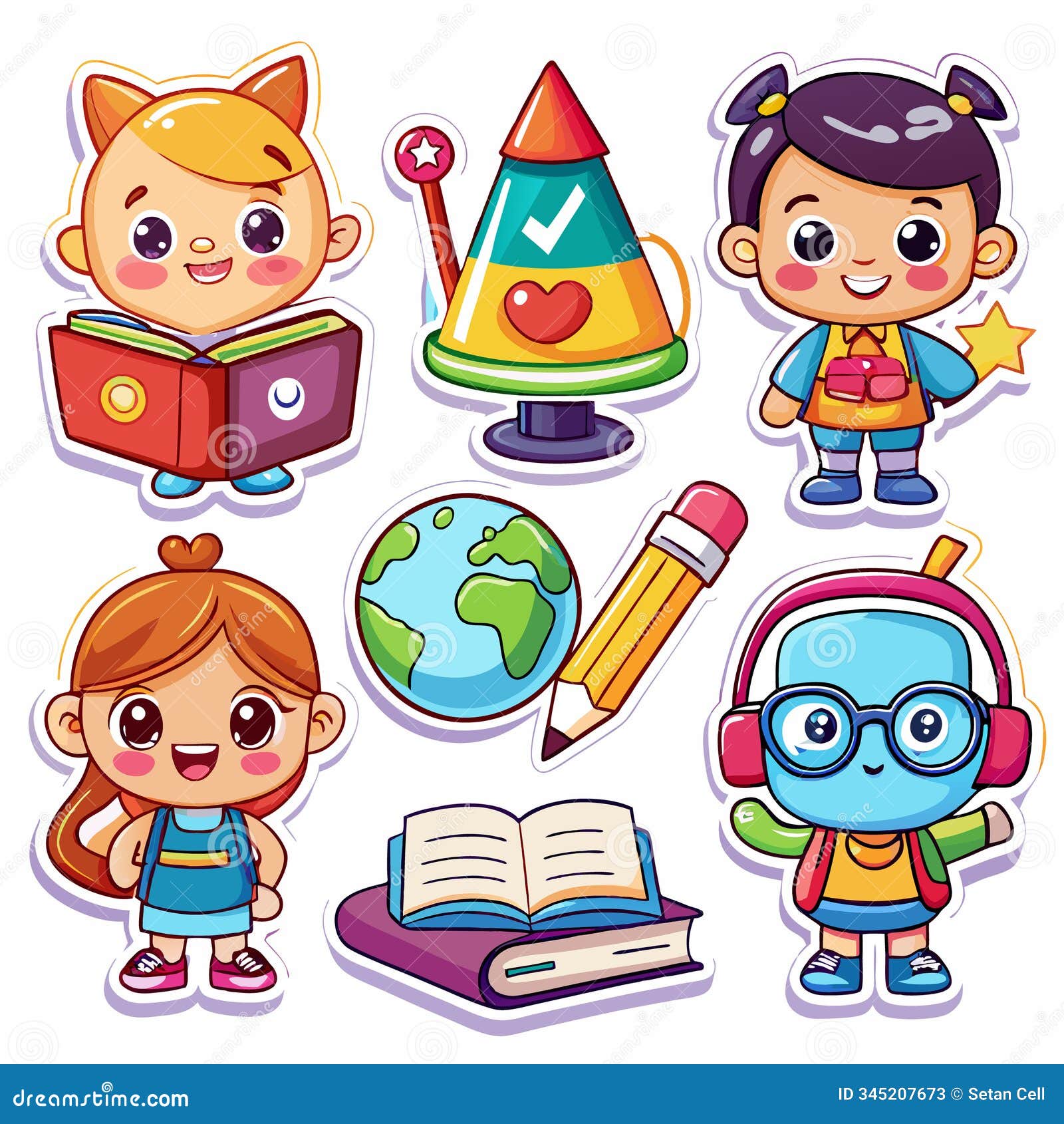 Colorful Cartoon Characters and Objects Representing School and Learnin ...
