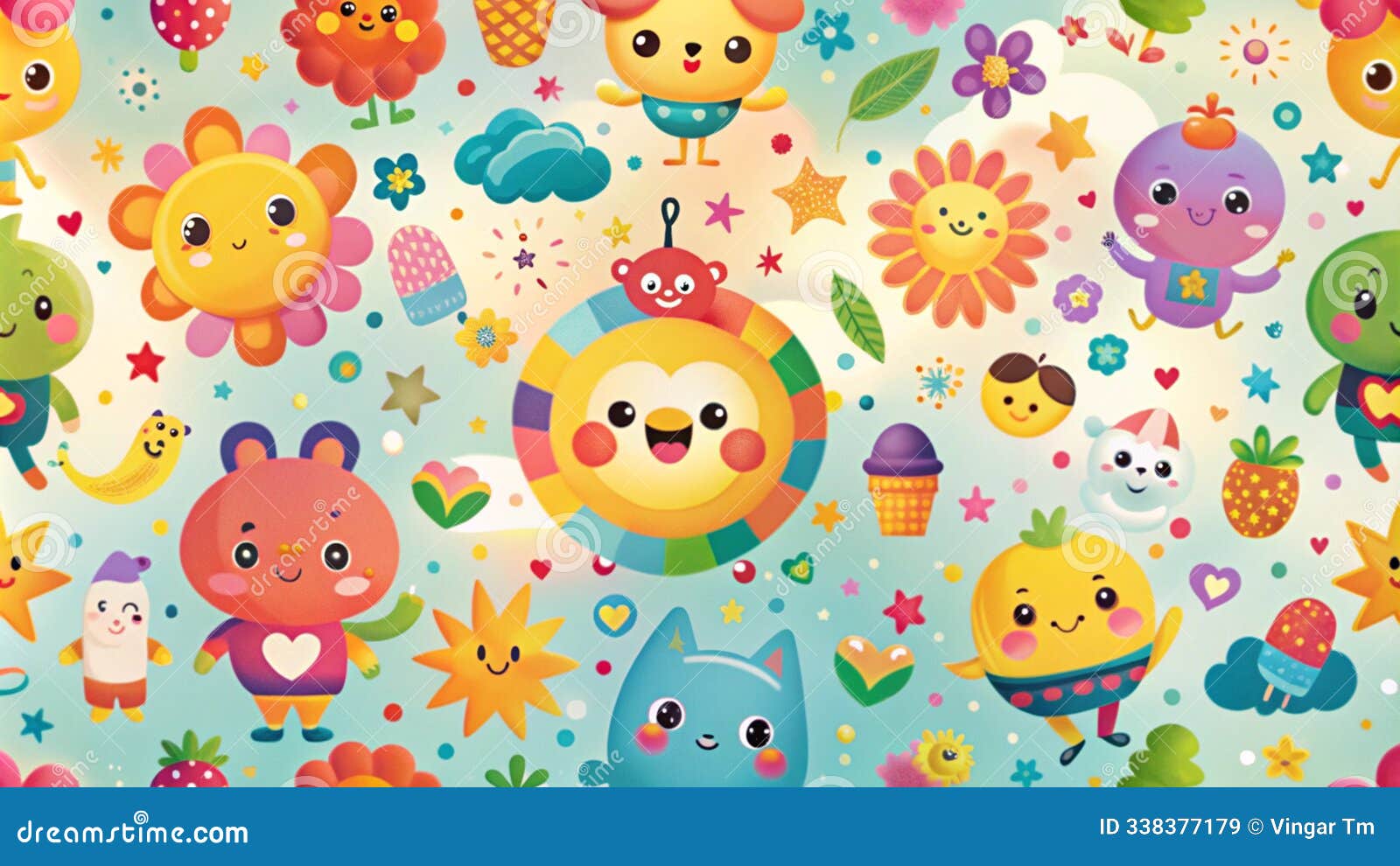 Colorful Cartoon Characters in a Seamless Pattern Stock Illustration ...