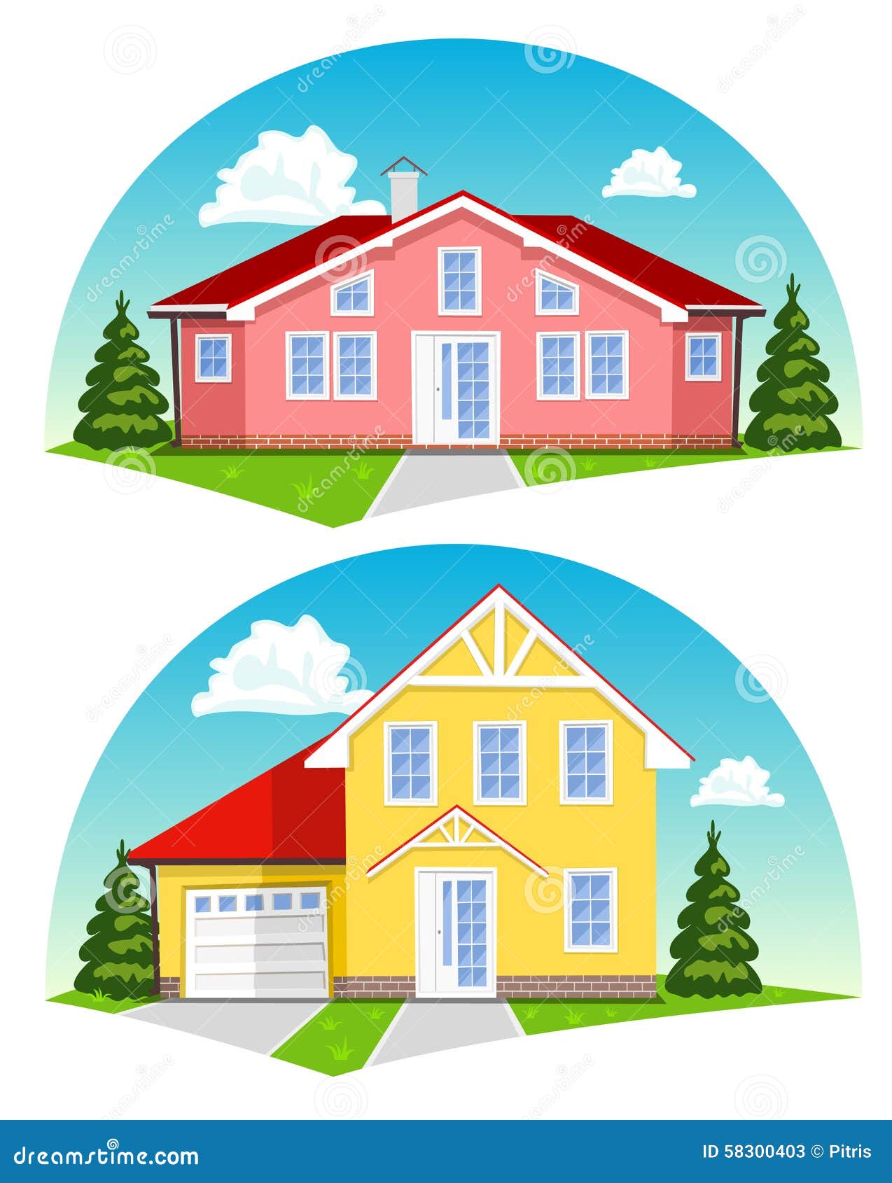 Set Of Cartoon Houses. Vector Drawing Of Retro Buildings ...