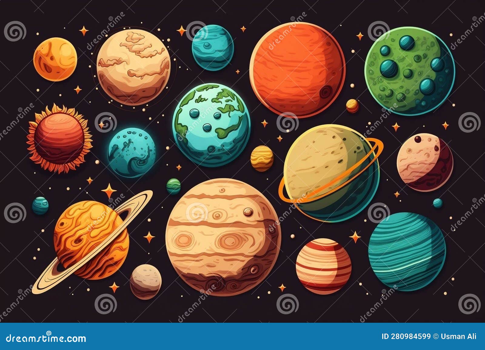 Colorful Cartoon Illustration of Planets and Moons. AI Stock ...