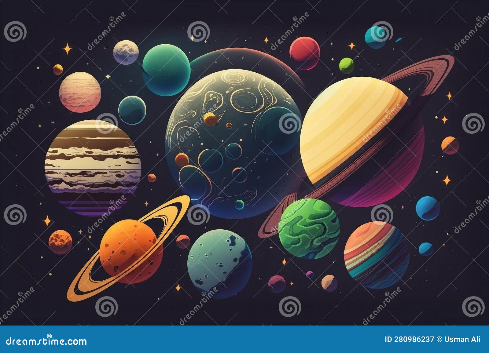Colorful Cartoon Illustration of Planets and Moons. AI Stock ...