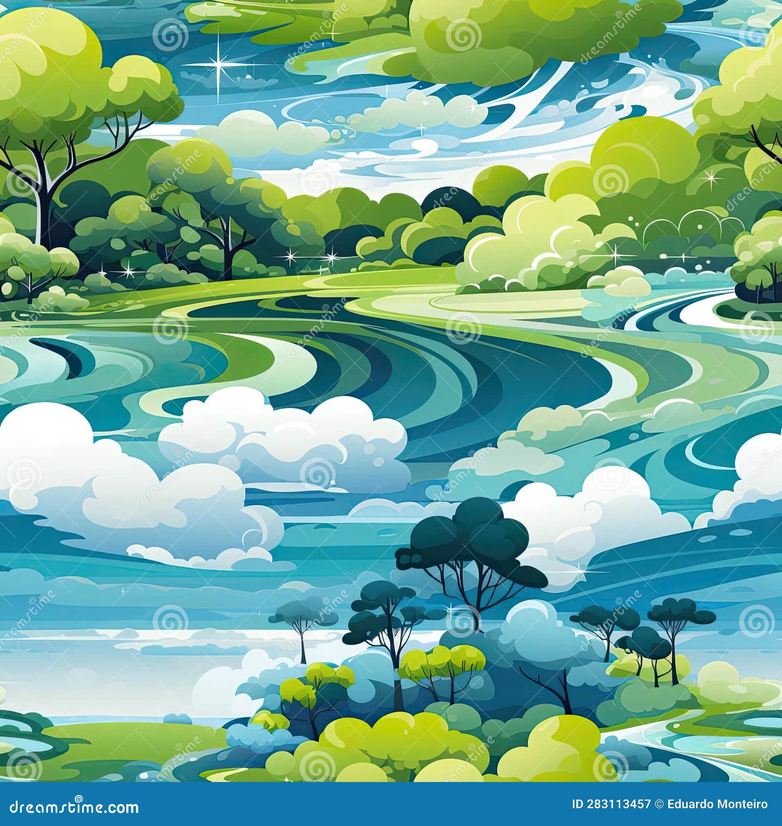 Colorful Cartoon Landscape with Trees and Water in Repeating Patterns ...