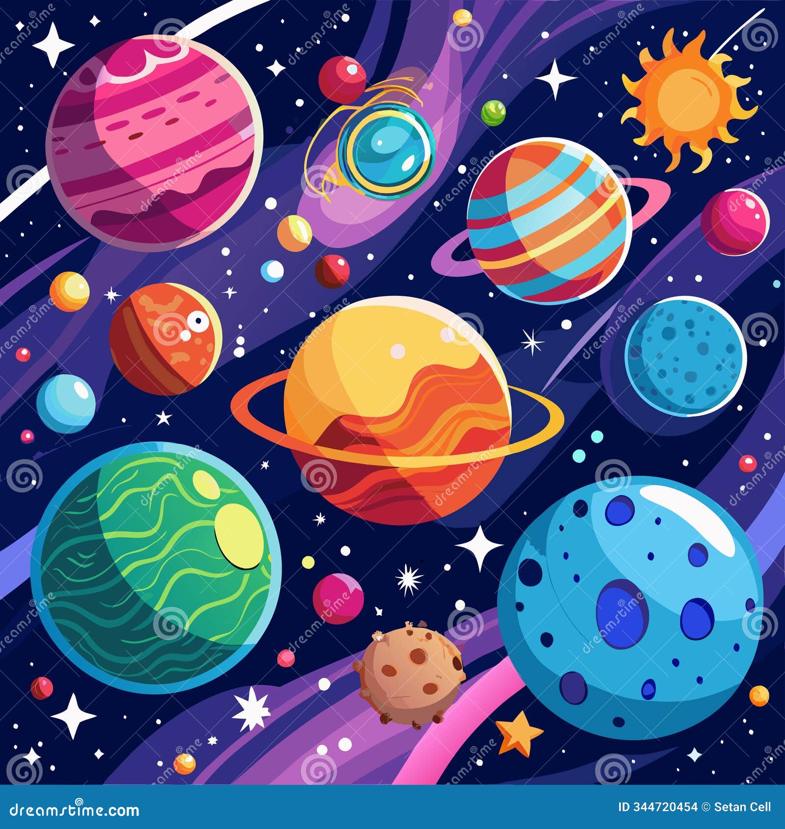 Colorful Cartoon Planets and Stars in Space Stock Vector - Illustration ...