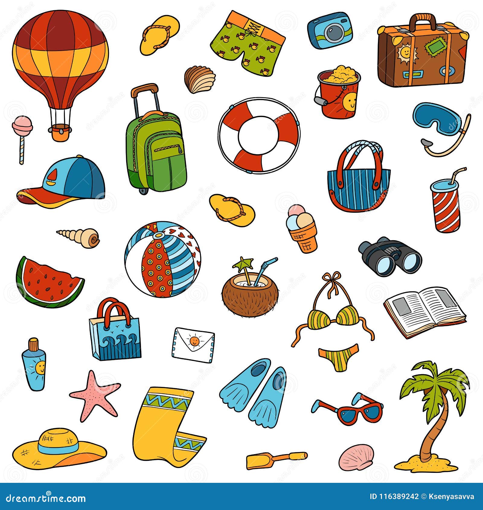 Colorful Cartoon Set of Summer Objects Stock Vector - Illustration of ...