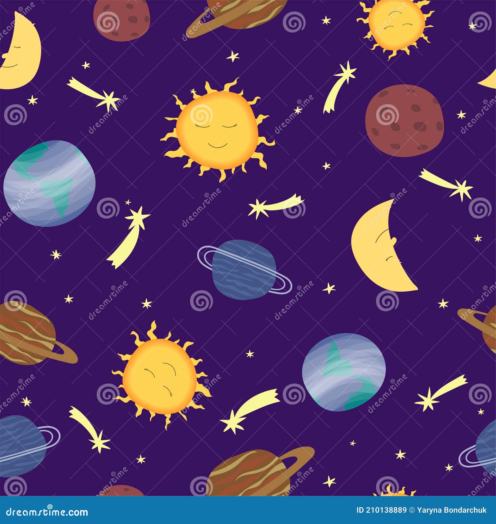 Colorful Cartoon Space Seamless Pattern. Cosmic Vector Illustration in ...
