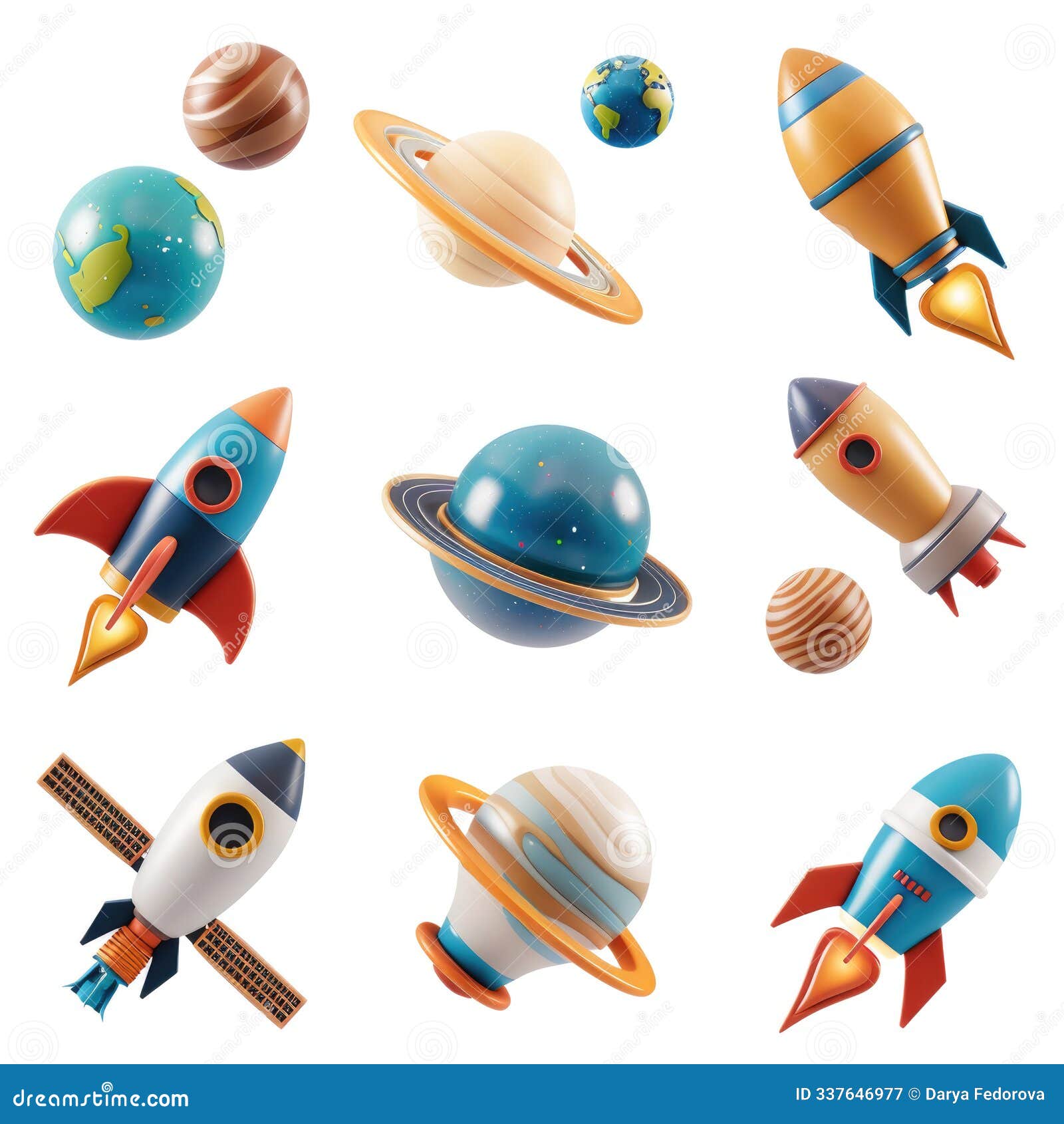 Colorful Cartoon Spaceships and Planets - Cute Illustrated Space ...
