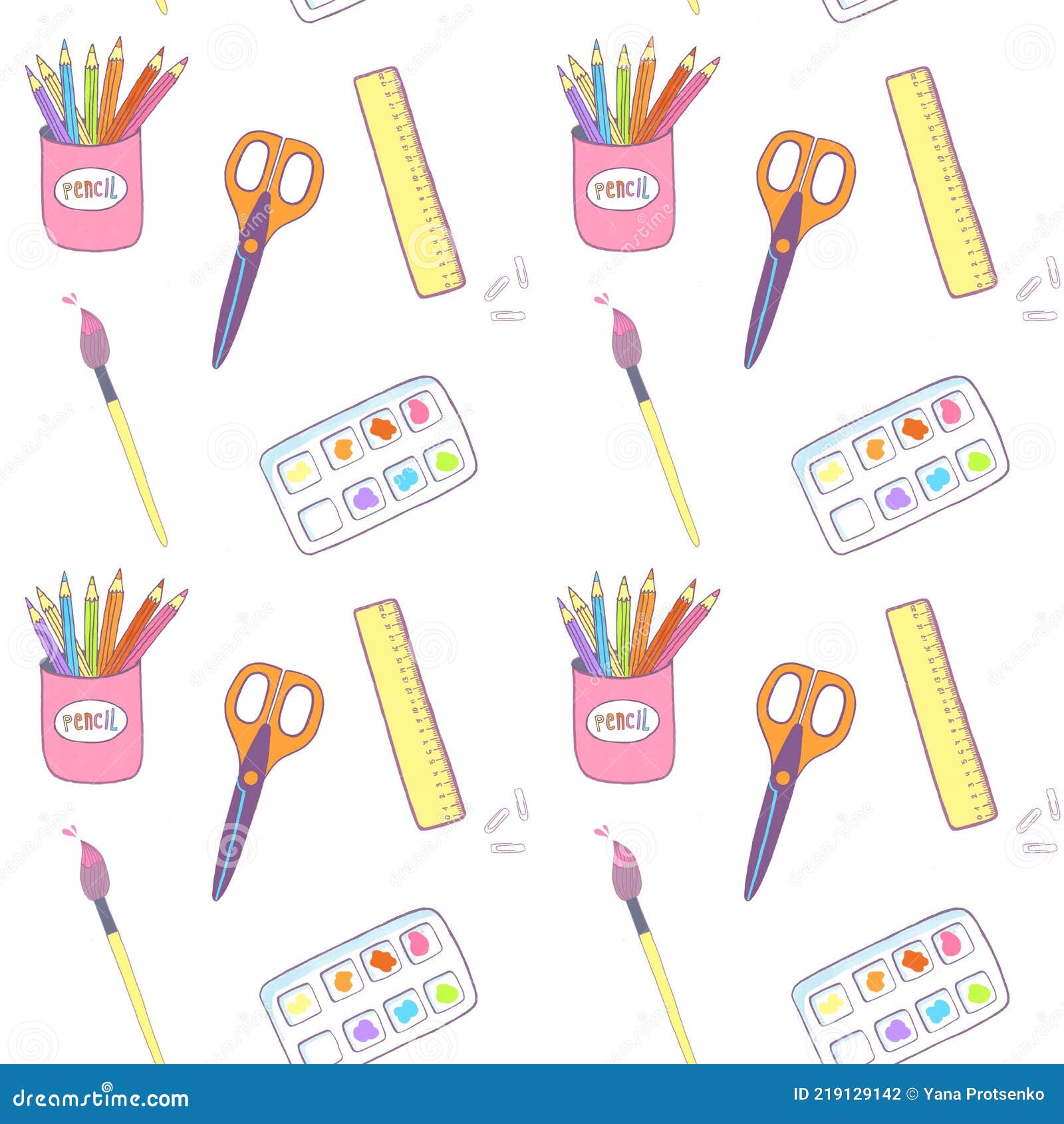 Colorful Cartoon Stationery, Seamless Pattern Stock Illustration ...