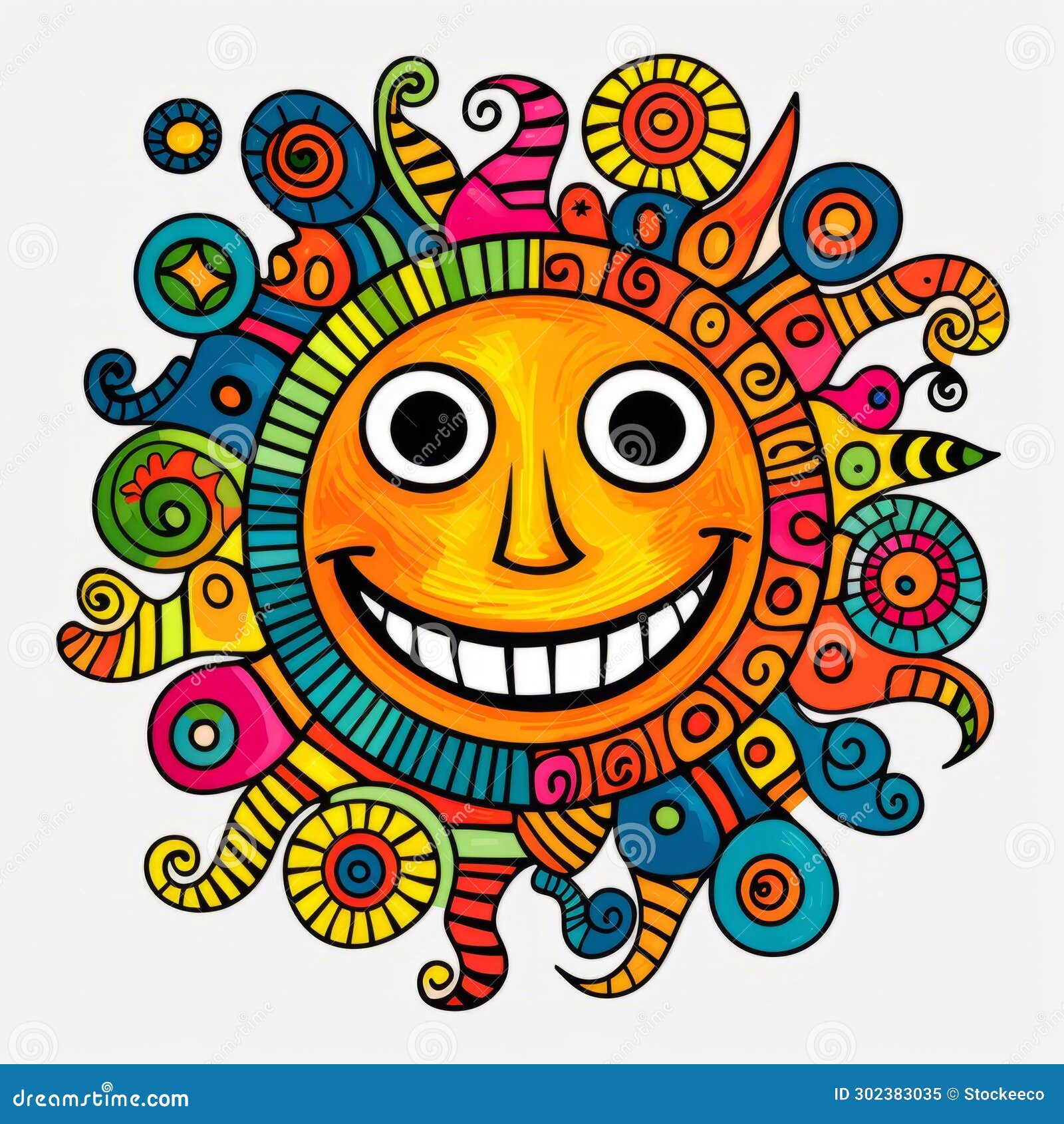 Colorful Cartoon Sun with Elaborate Pattern - Folk Art Doodle Stock ...