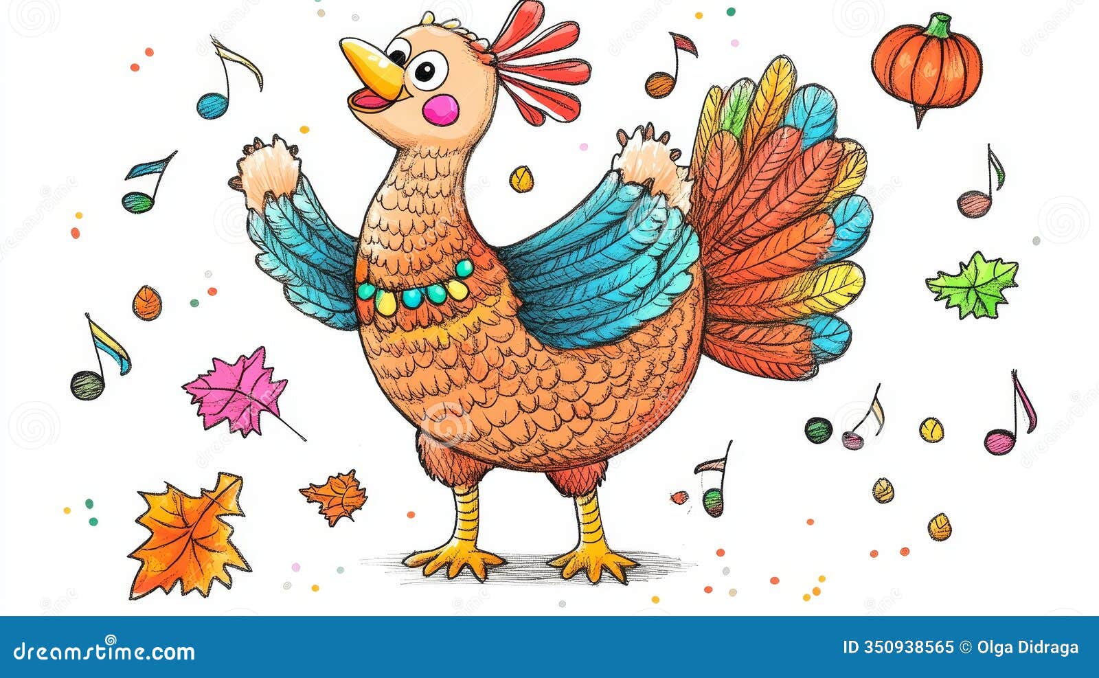 Colorful Cartoon Turkey Dancing among Falling Leaves and Music Notes ...