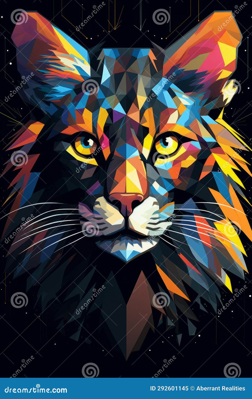 A Colorful Cat Head on a Black Background Stock Illustration ...