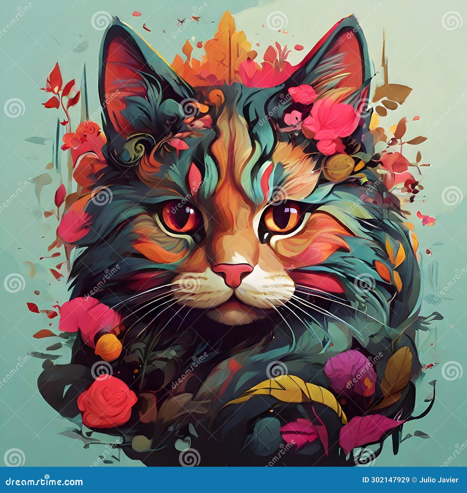 Colorful Cat Head with Colorful Forest Theme Surrounded by a Trees ...