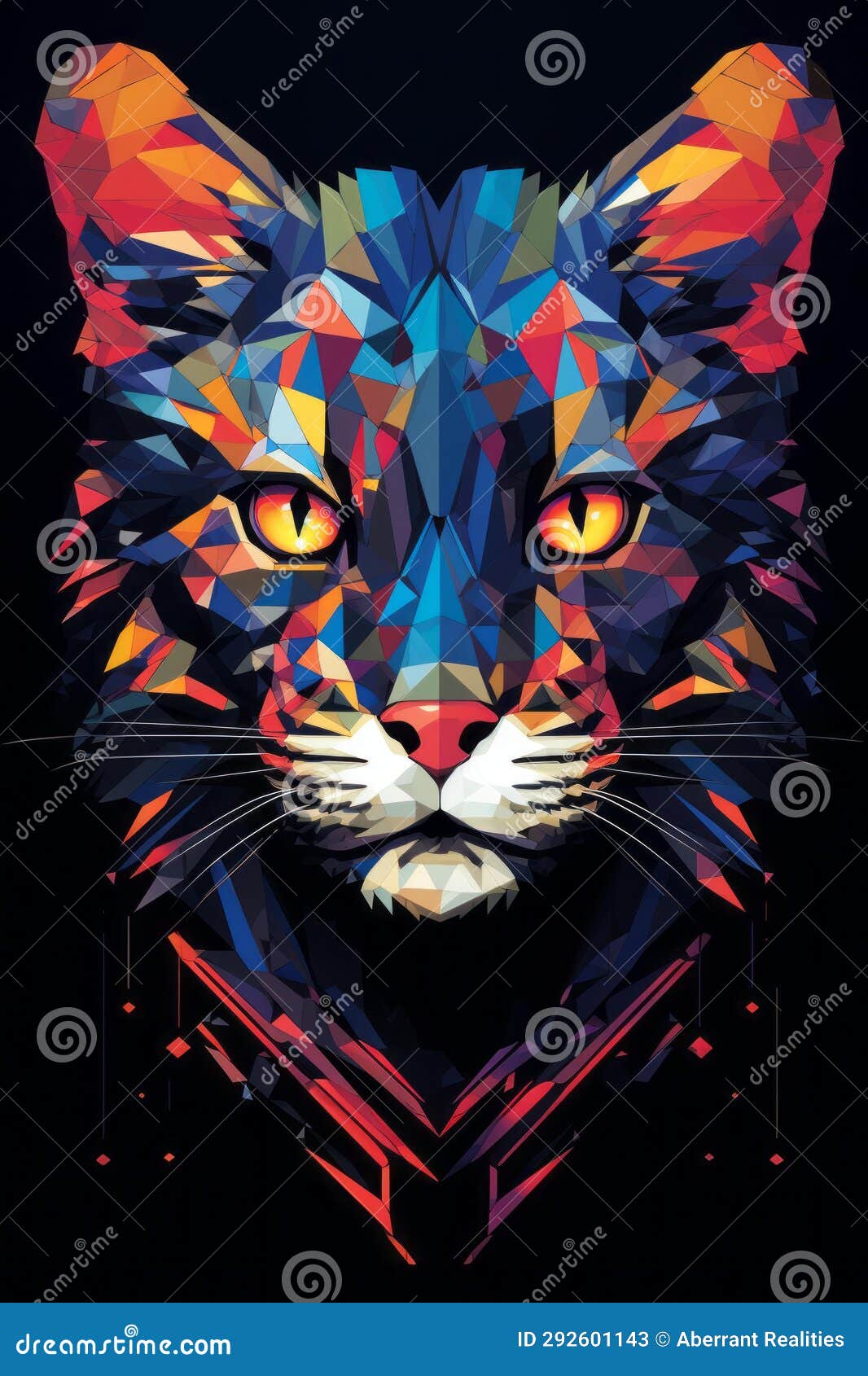 A Colorful Cat Head Made of Geometric Shapes on a Black Background ...