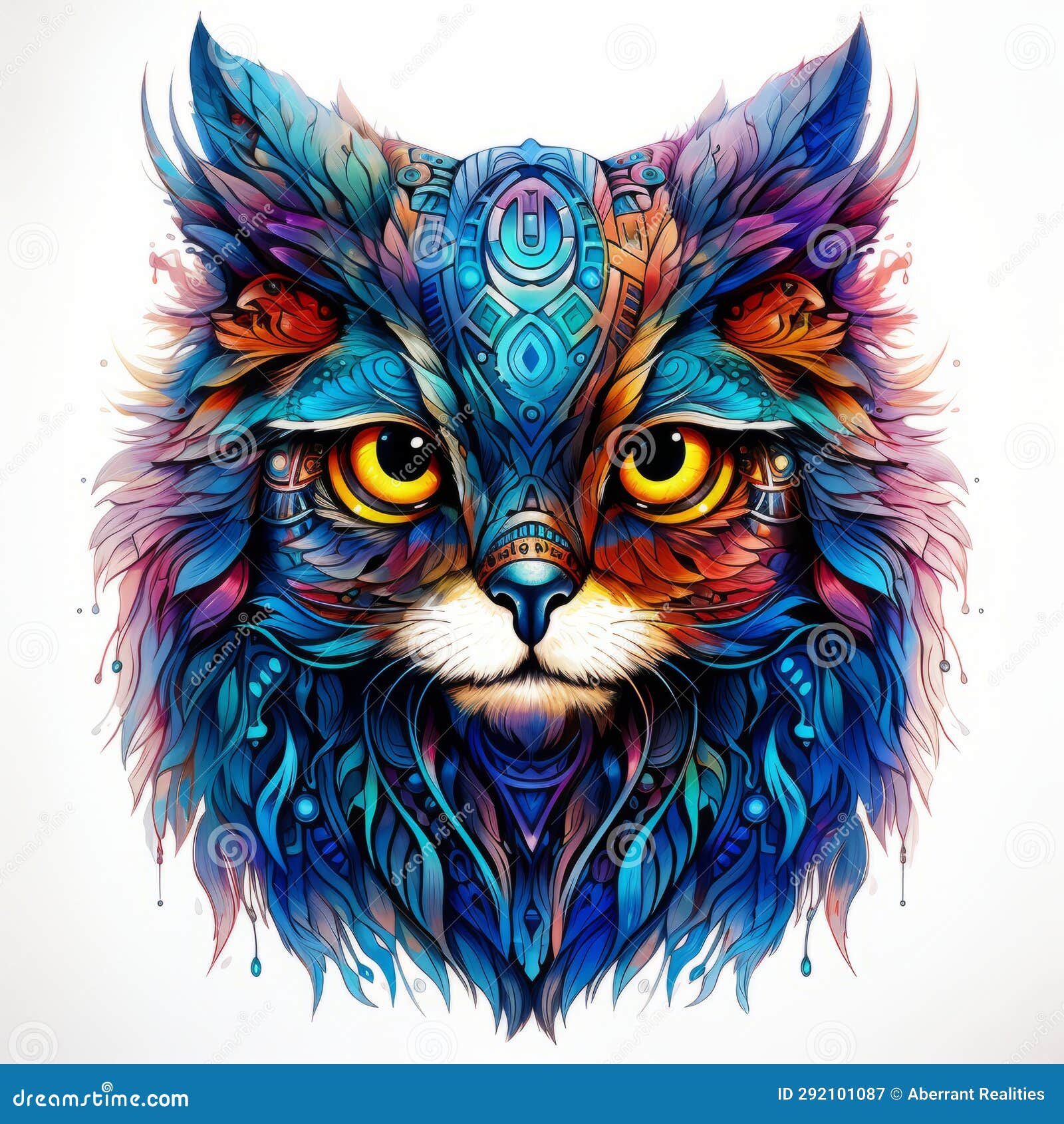 A Colorful Cat Head with a Tribal Pattern on Its Face Stock ...