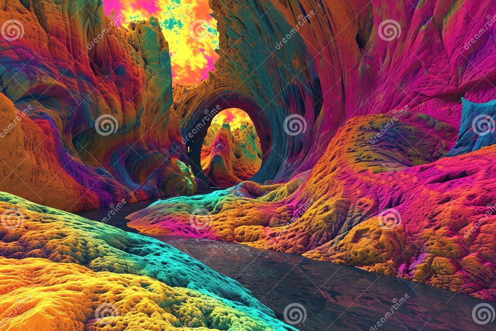 A Colorful Cave with a River Stock Illustration - Illustration of color ...