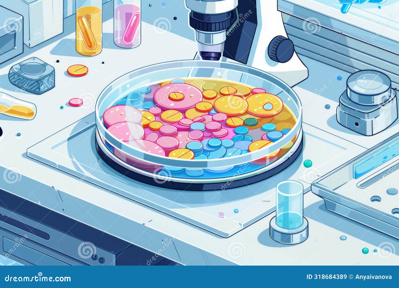 Colorful Cells Under Microscope in Modern Laboratory Illustration Stock ...