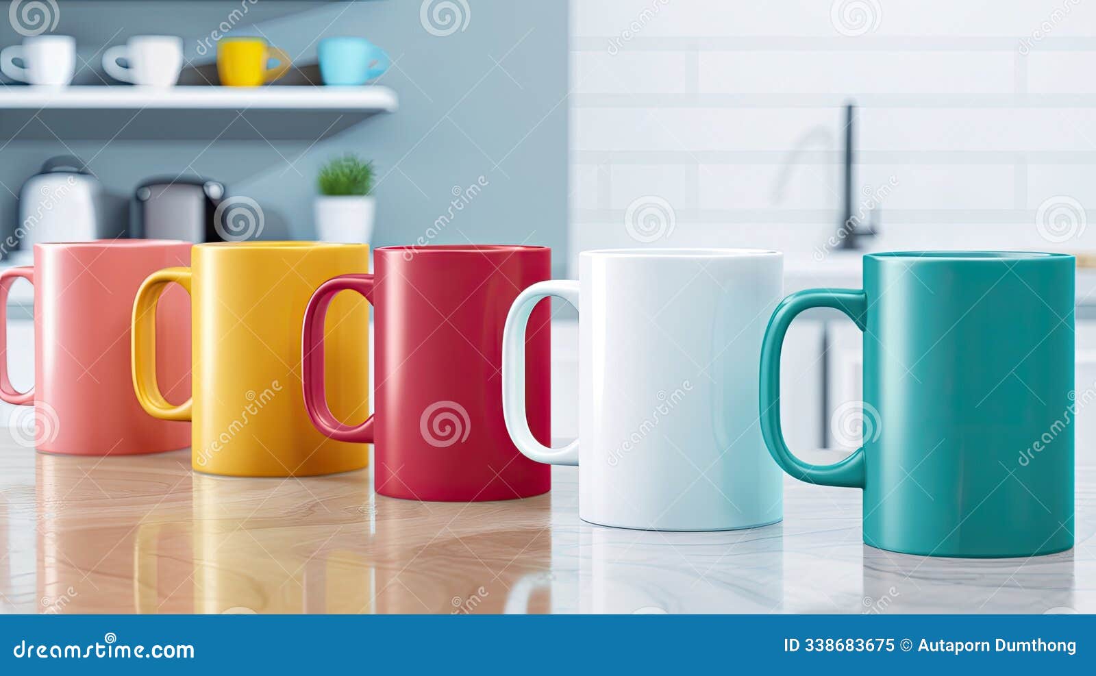 Colorful Ceramic Mugs Lined Up in Modern Kitchen Setting with Light ...