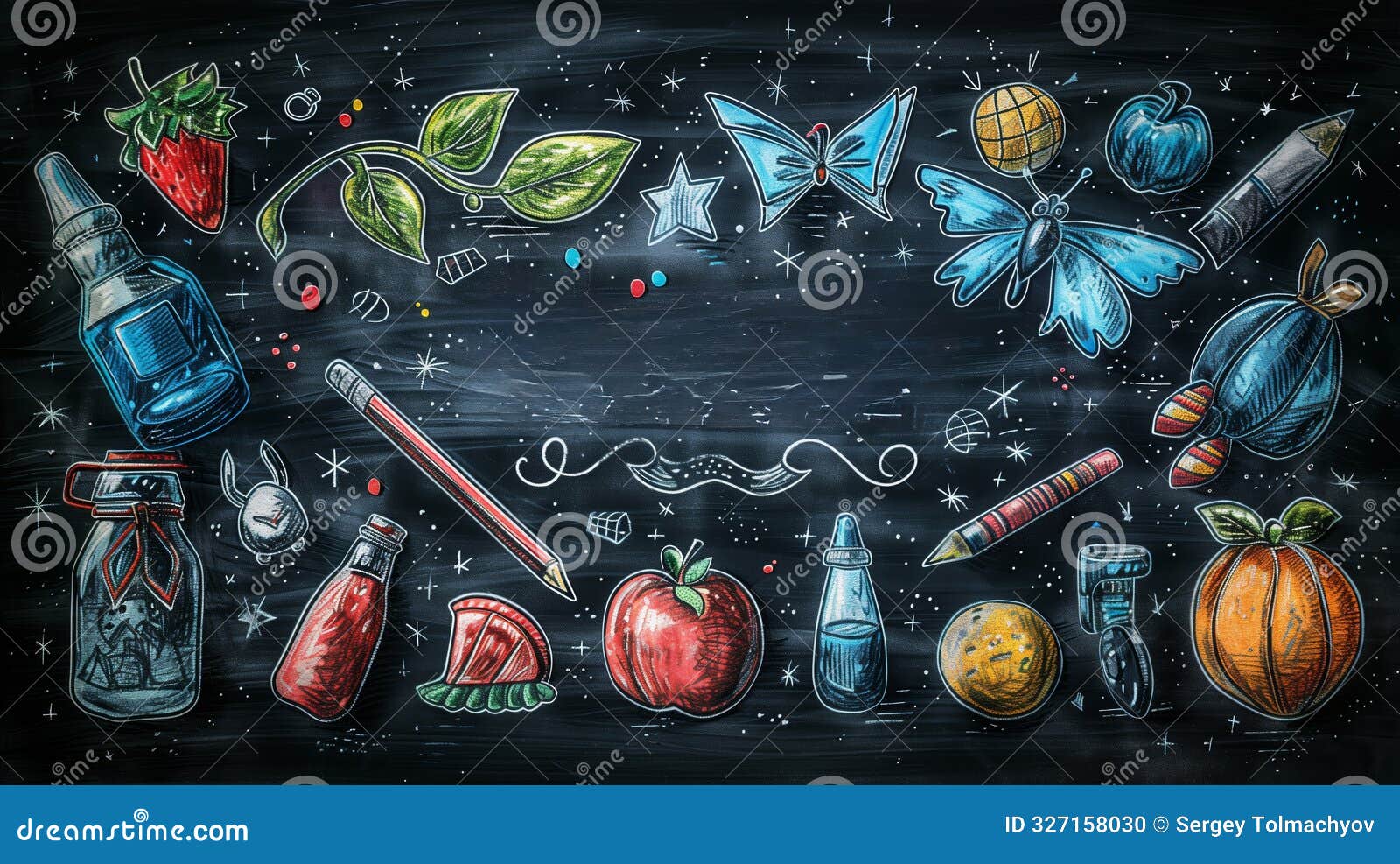 Colorful Chalkboard Drawing of Various Objects and Symbols Stock Photo ...