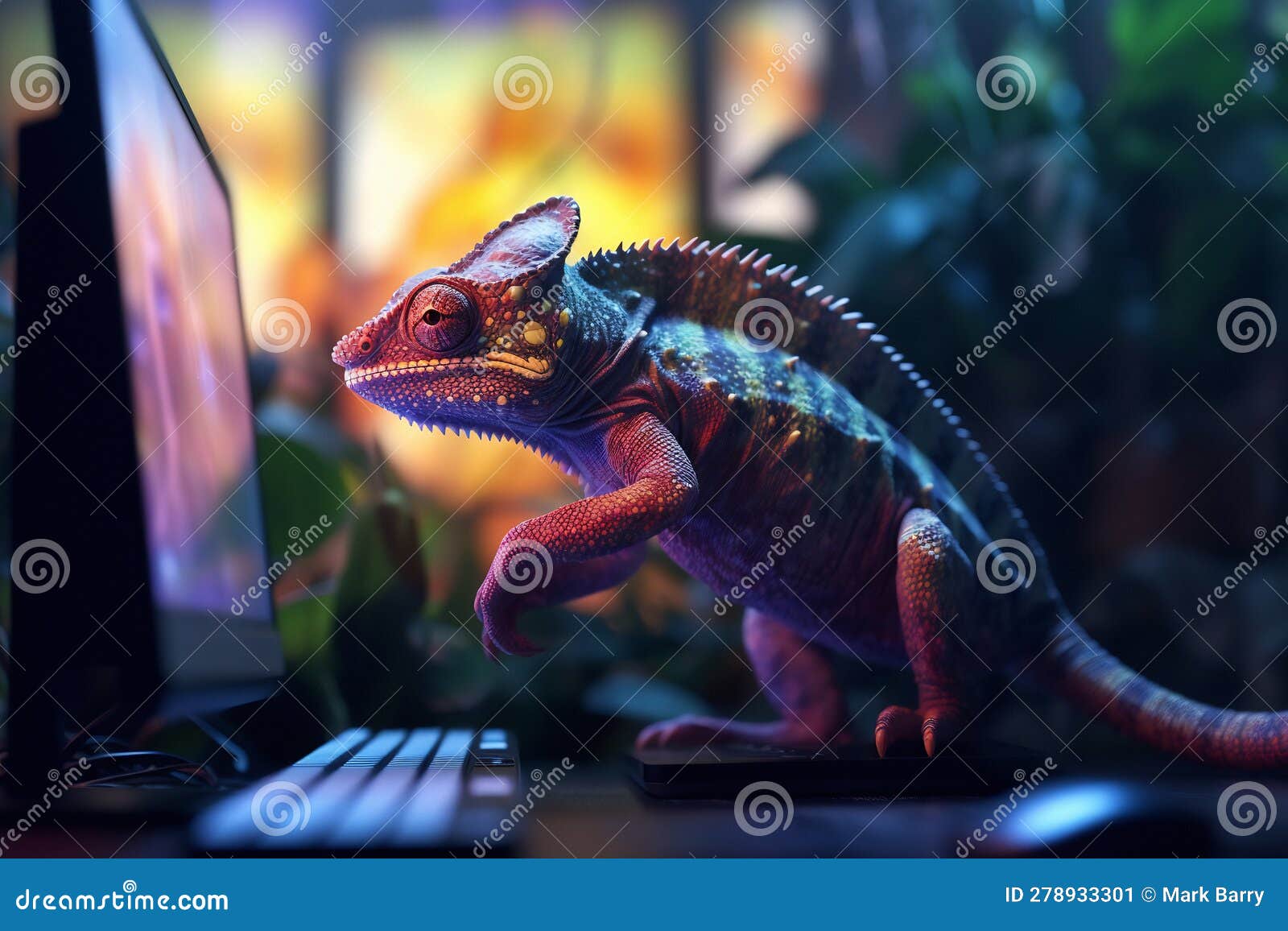Colorful Chameleon Engrossed in Computer Screen. Generative AI Image ...