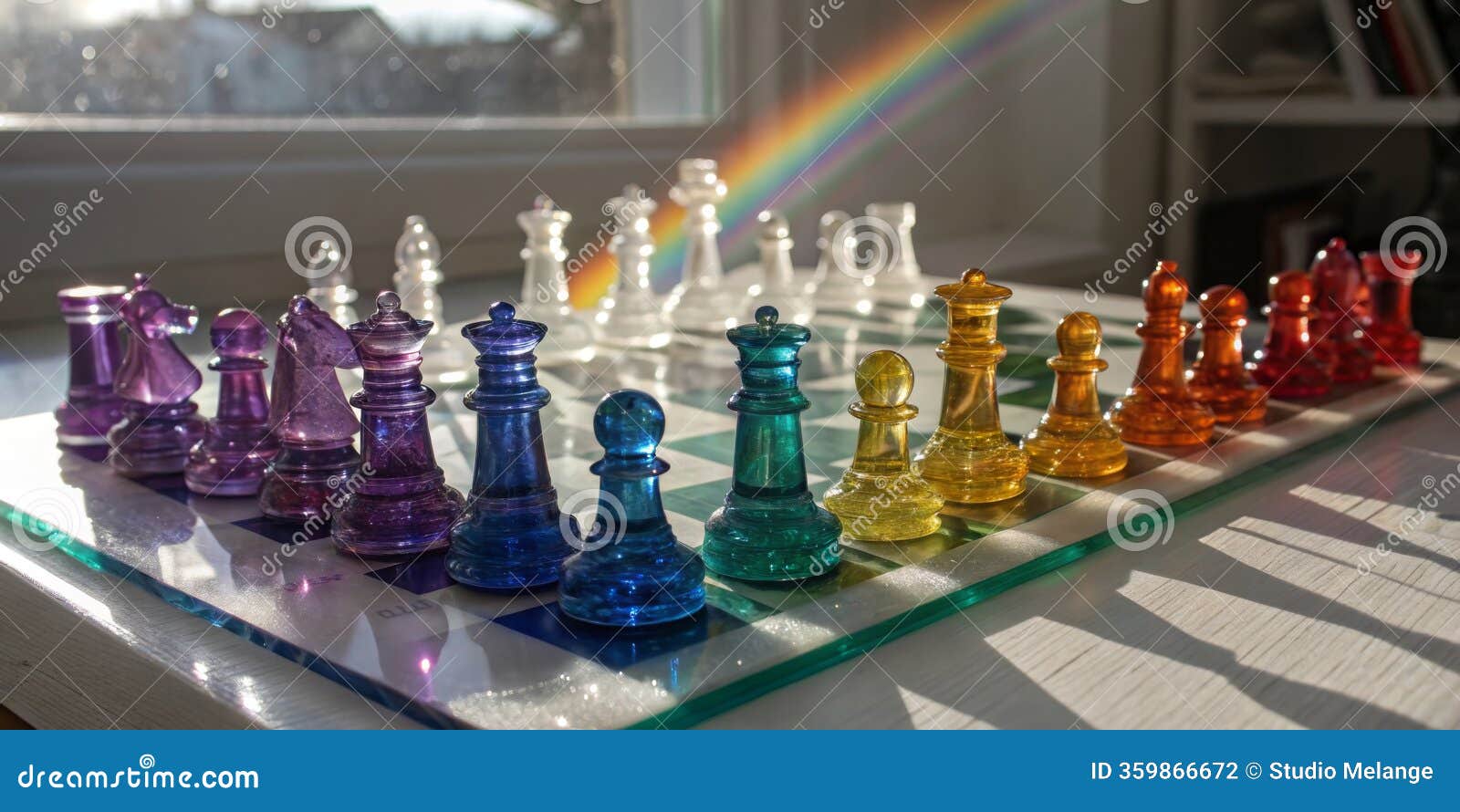 Colorful Chess Set Arranged on a Bright Table with Sunlight and a ...