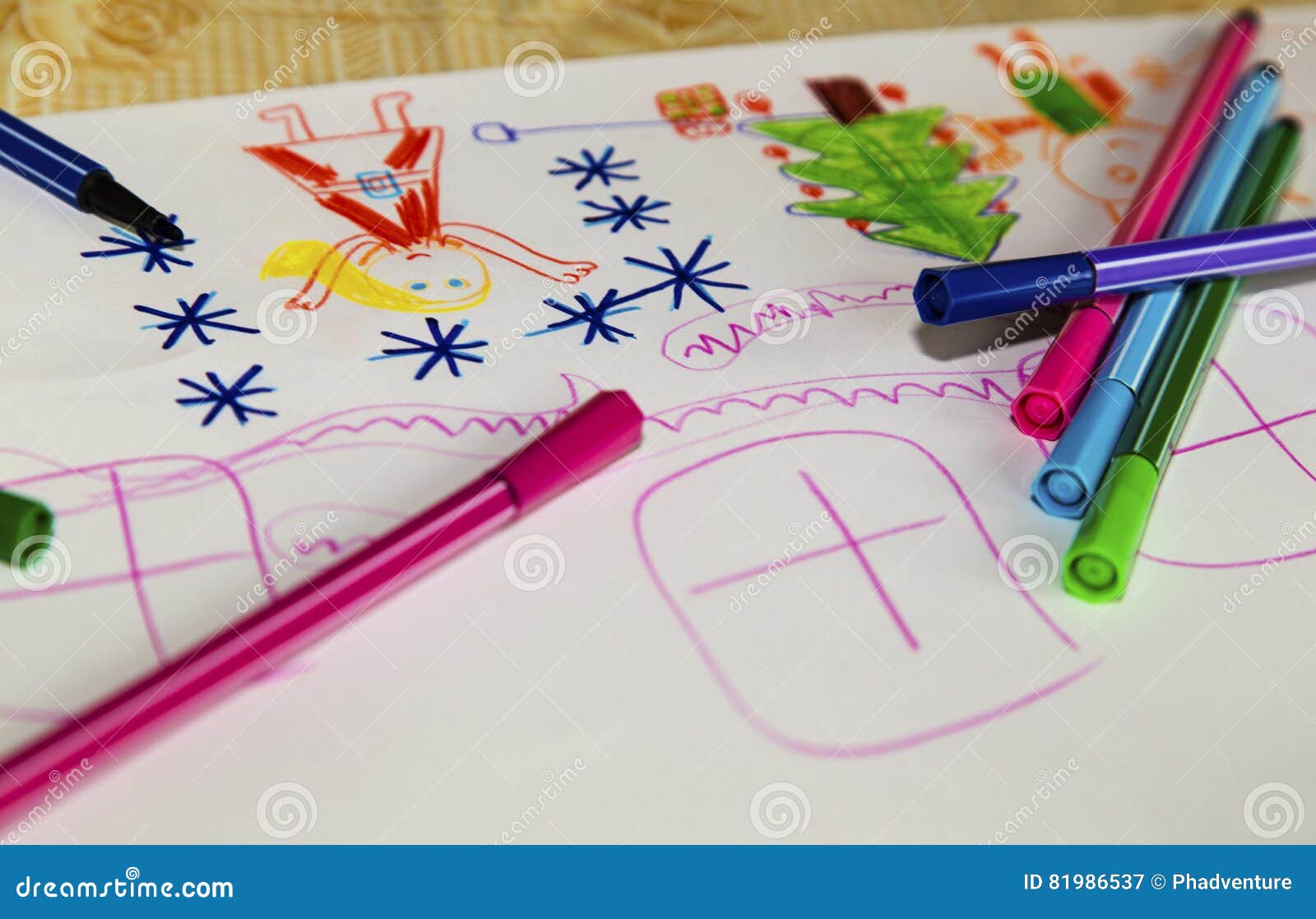 Colorful Children`s Drawing Stock Image - Image of green, childhood ...