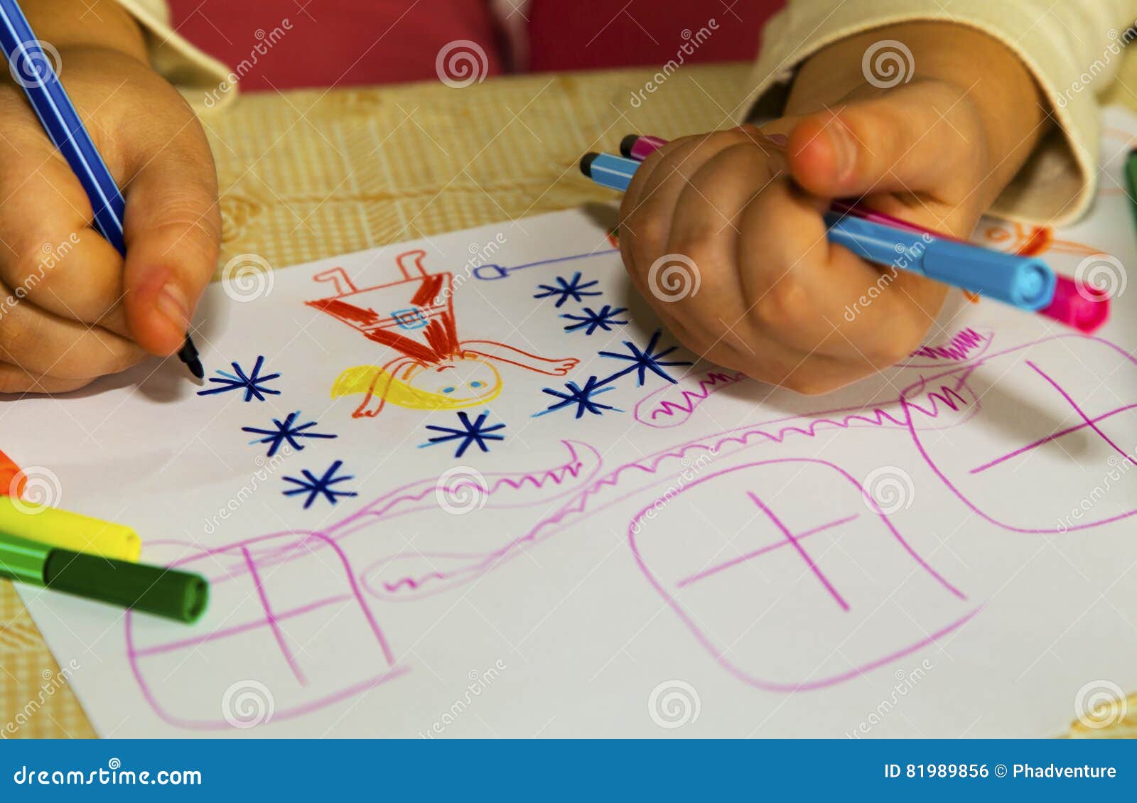Colorful Children`s Drawing Stock Photo - Image of hand, pencils: 81989856