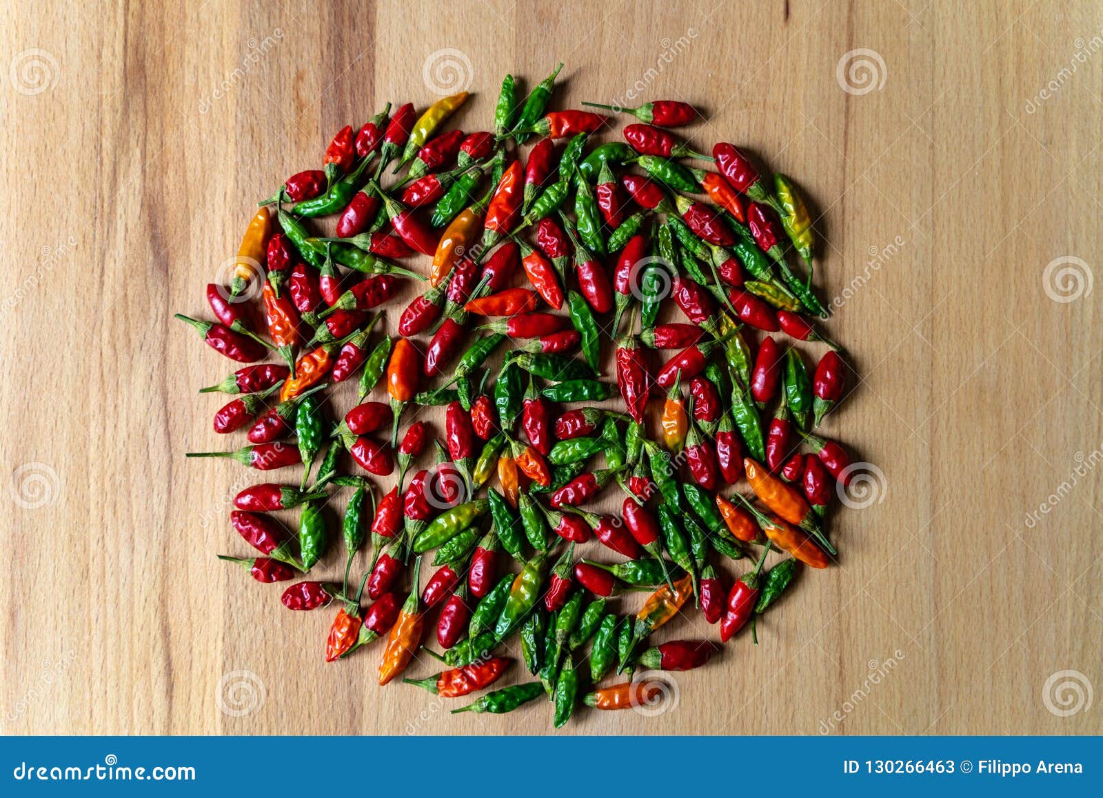 Colorful Chilli Peppers on Wooden Table. High Angle View Stock Image ...