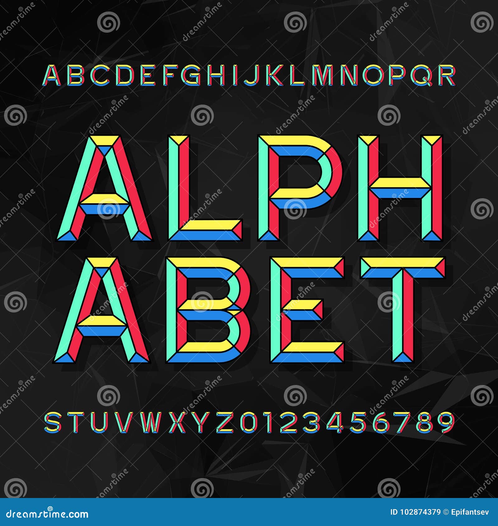 Colorful Chisel Alphabet Vector Font. Type Letters and Numbers. Dark ... Colorful Chisel Alphabet Vector Font. Type Letters and Numbers. Dark ...