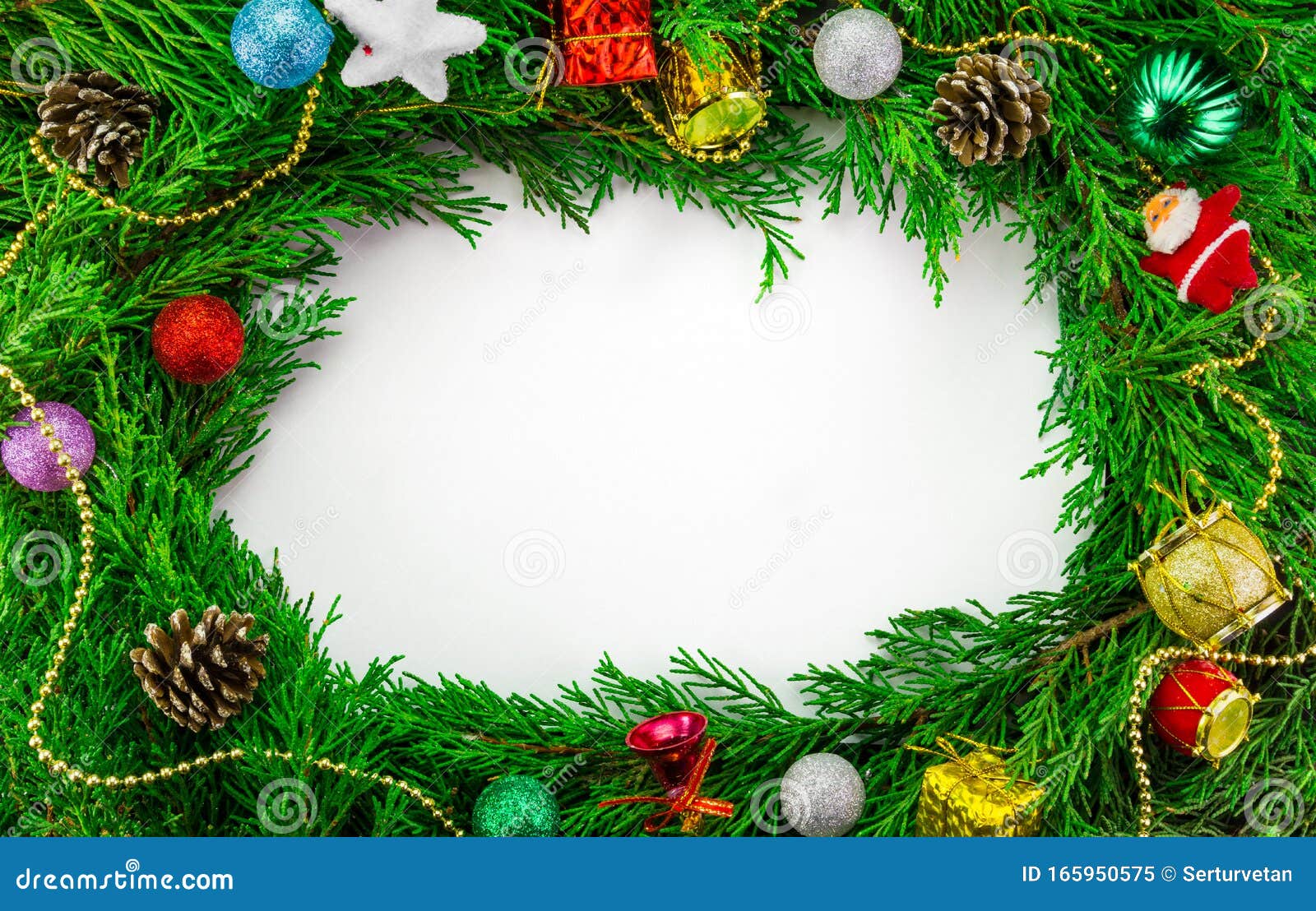 Colorful Christmas Ornaments On Fir Tree Branches Isolated On White Background Circle Christmas