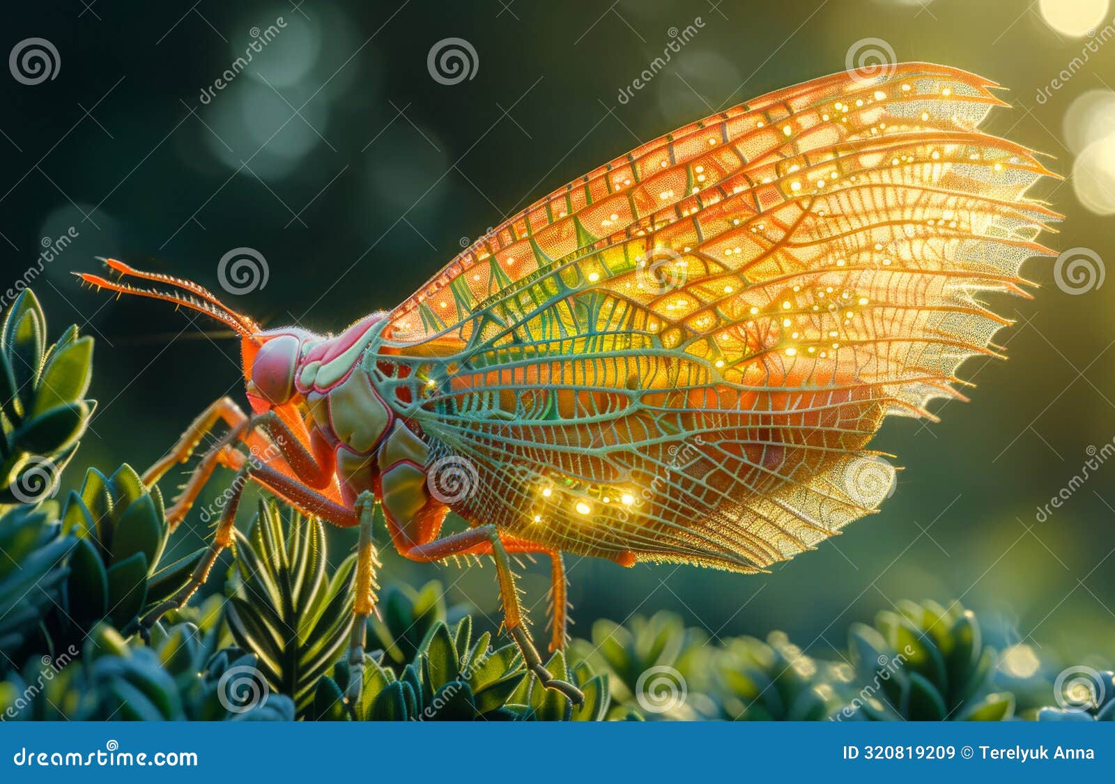 Colorful Cicada Sits on Green Branch in the Sun Stock Image - Image of ...