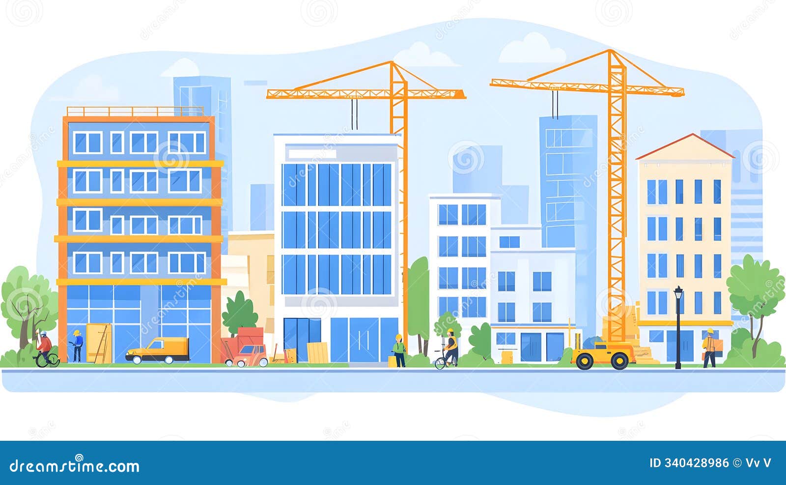 Colorful City Construction Scene with Cranes and Workers Stock Photo ...