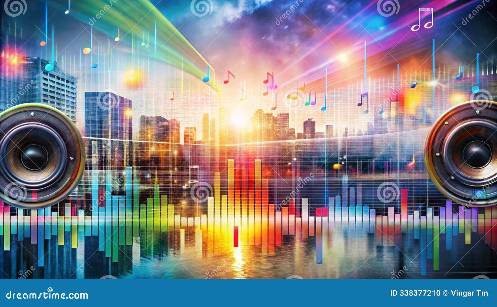 Colorful Cityscape with Music Notes and Sound Waves Stock Illustration ...