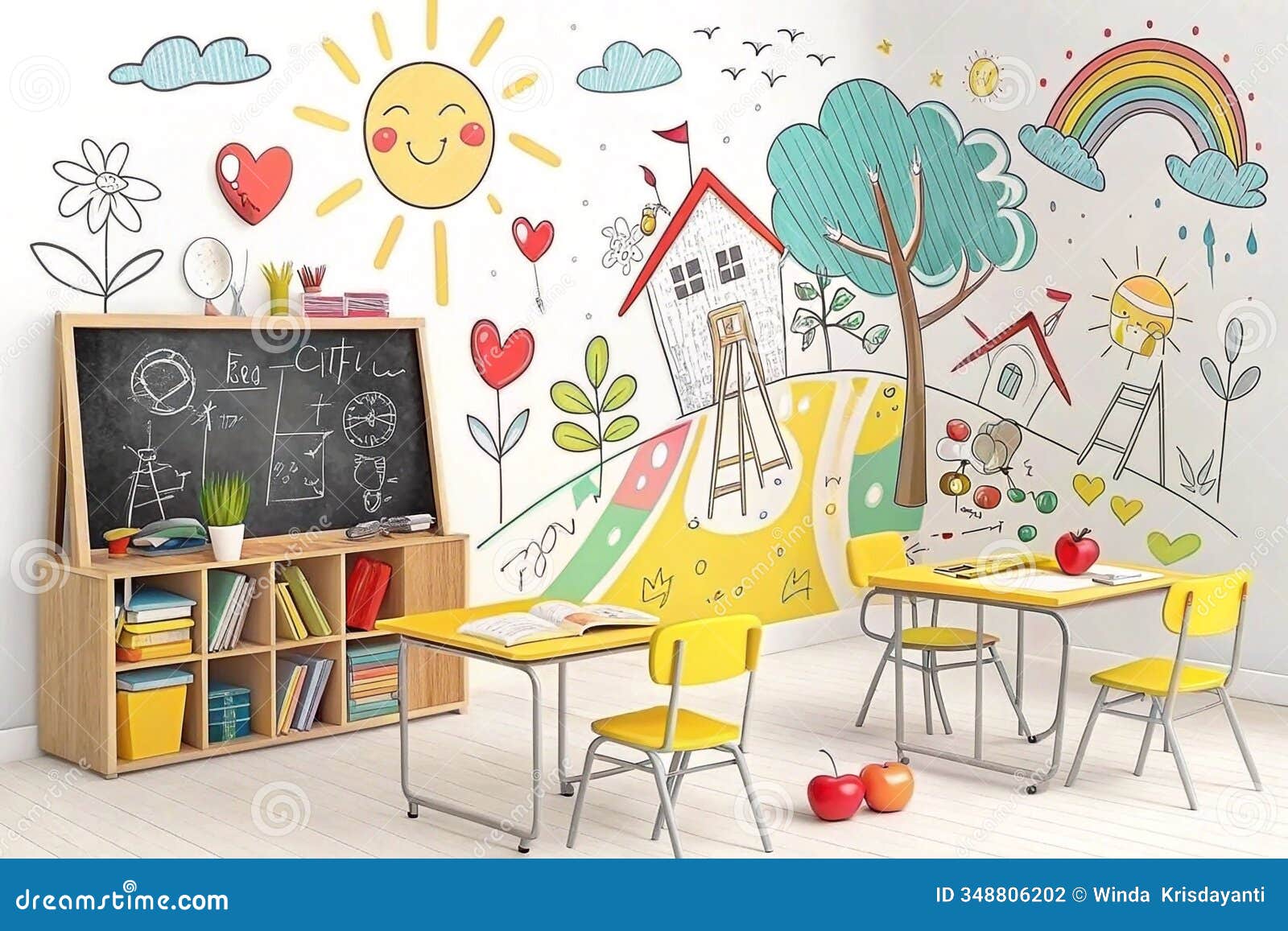 Colorful Classroom with Cheerful Wall Mural, Desks, and Chalkboard ...