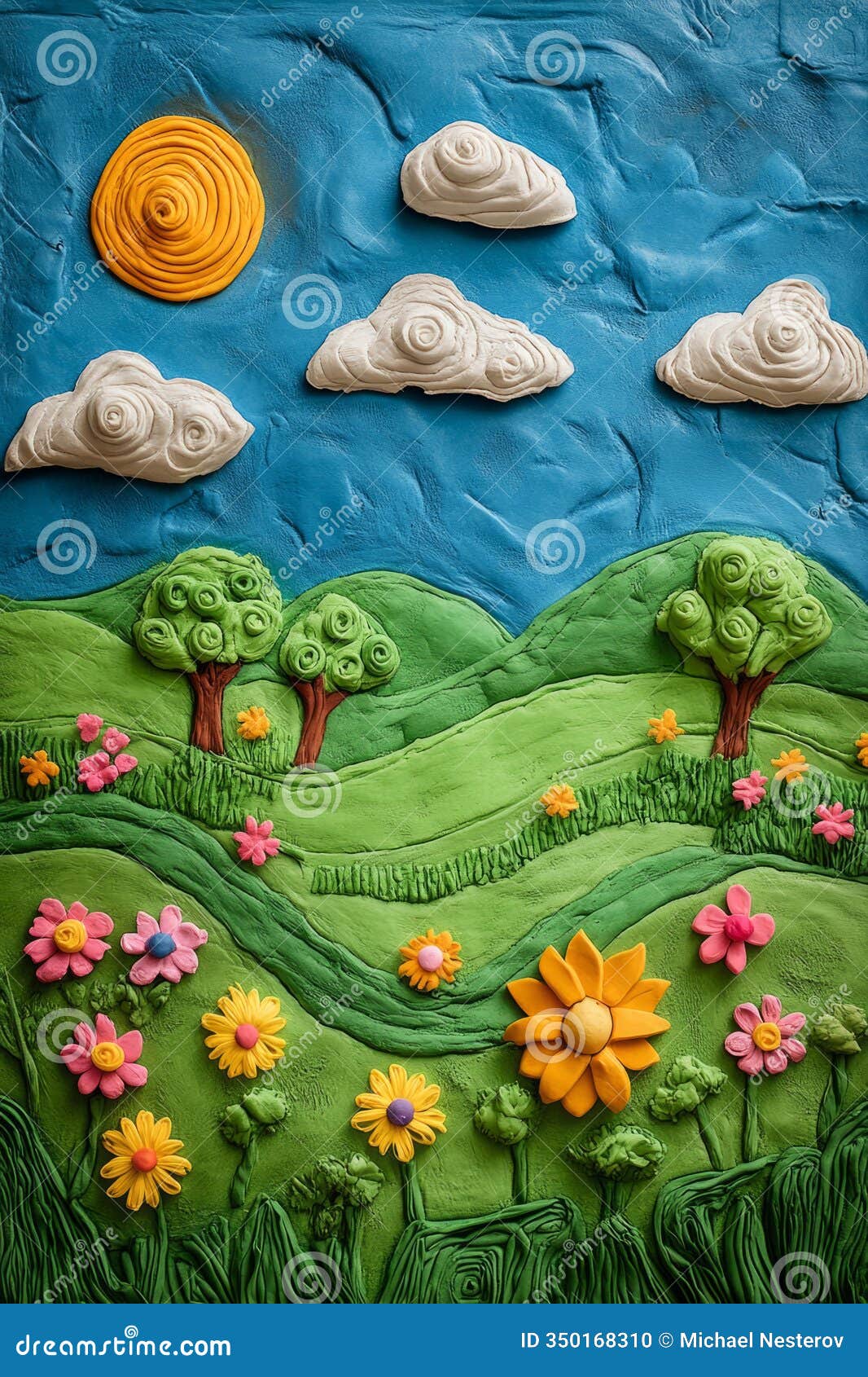 Colorful Clay Depicting Idyllic Spring Landscape with Sun and Trees ...