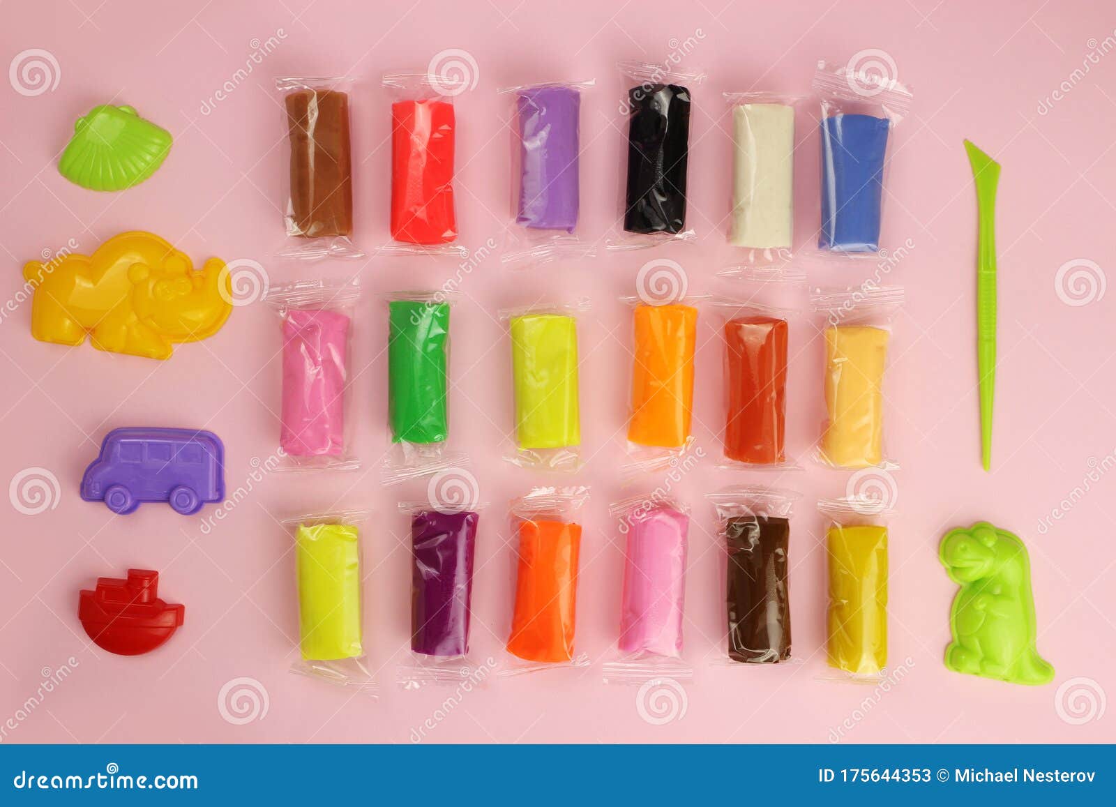 Colorful Clay, Plasticine with Tools on a Pink Background Stock Image ...