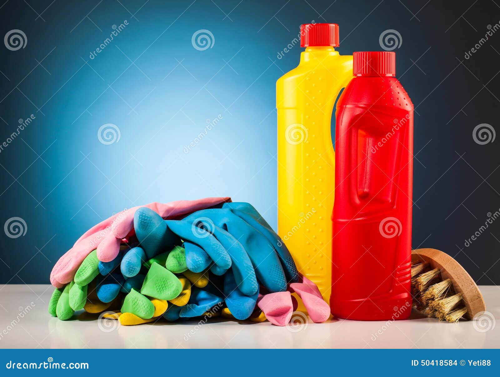 Colorful Cleaning Equipment and Blue Background Stock Photo - Image of ...