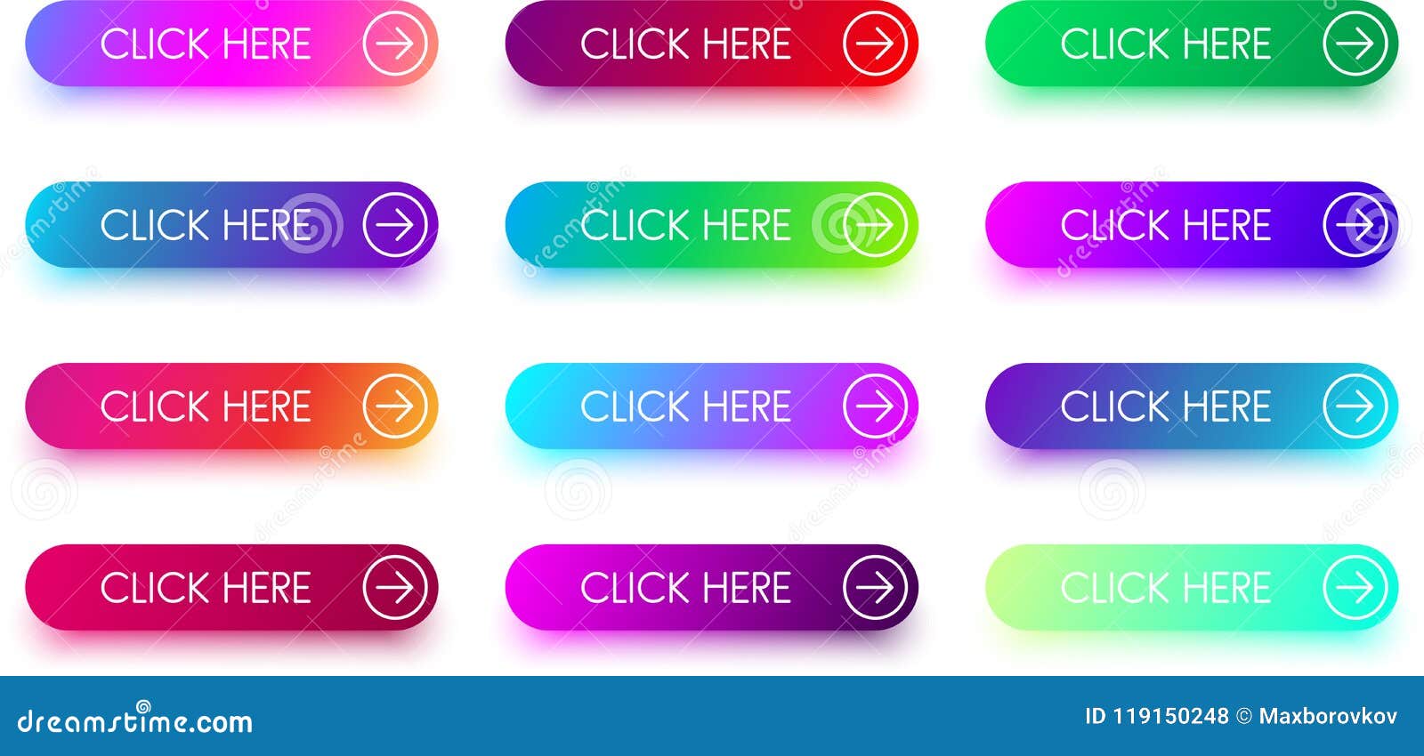 Colorful Click Here Icons with Arrow Isolated on White. Stock Vector ... Colorful Click Here Icons with Arrow Isolated on White. Stock Vector ...