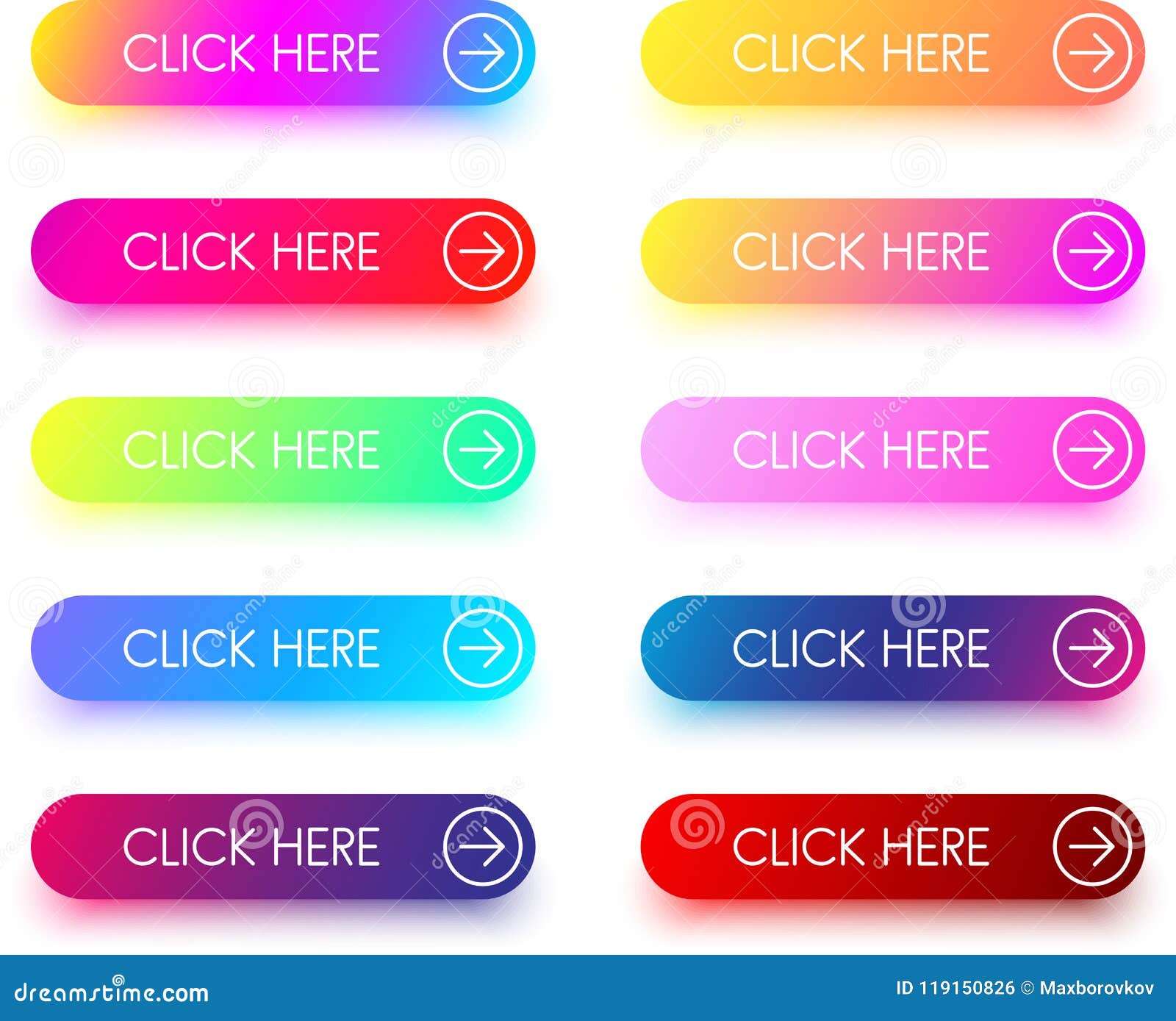 Colorful Click Here Icons with Arrow Isolated on White. Stock Vector ... Colorful Click Here Icons with Arrow Isolated on White. Stock Vector ...
